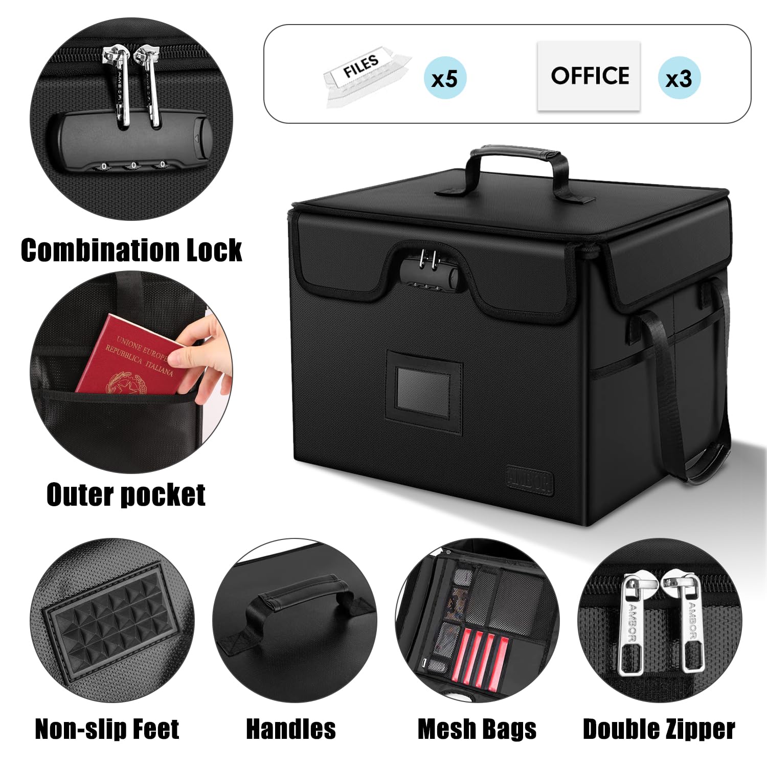 AMBOR File Box with Lock, Fireproof Document Box with 5 Tabs, Collapsible File Organizer with Handle for Letter & Legal Size Folder/Certifications/Books/Toys Storage, Black