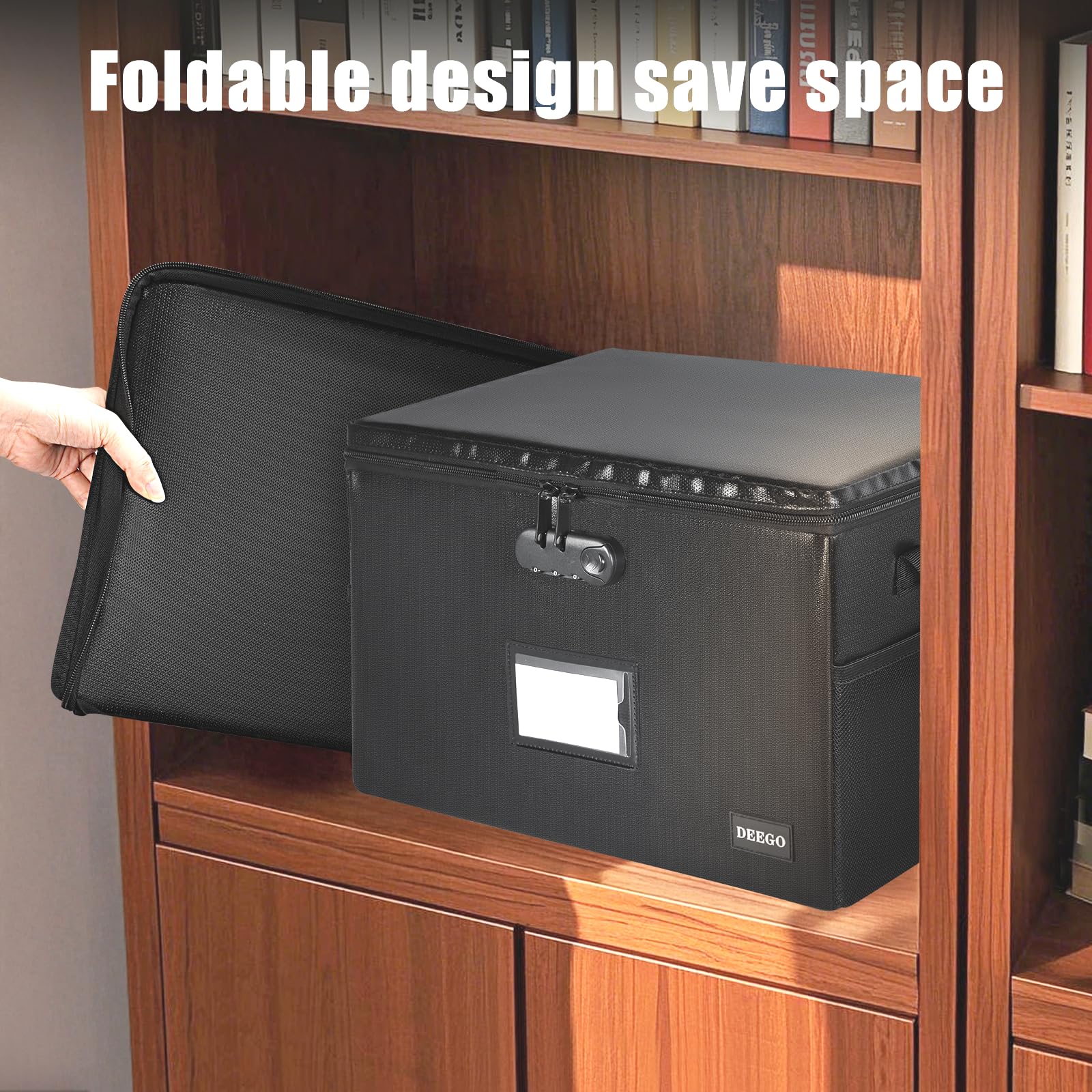 Fireproof Document Box, Water-Resistant File Organizer Box with Lock, Portable File Box with Handle Document Organizer Collapsible File Cabinets for Home Office for Hanging Letter/Legal Folder, Black