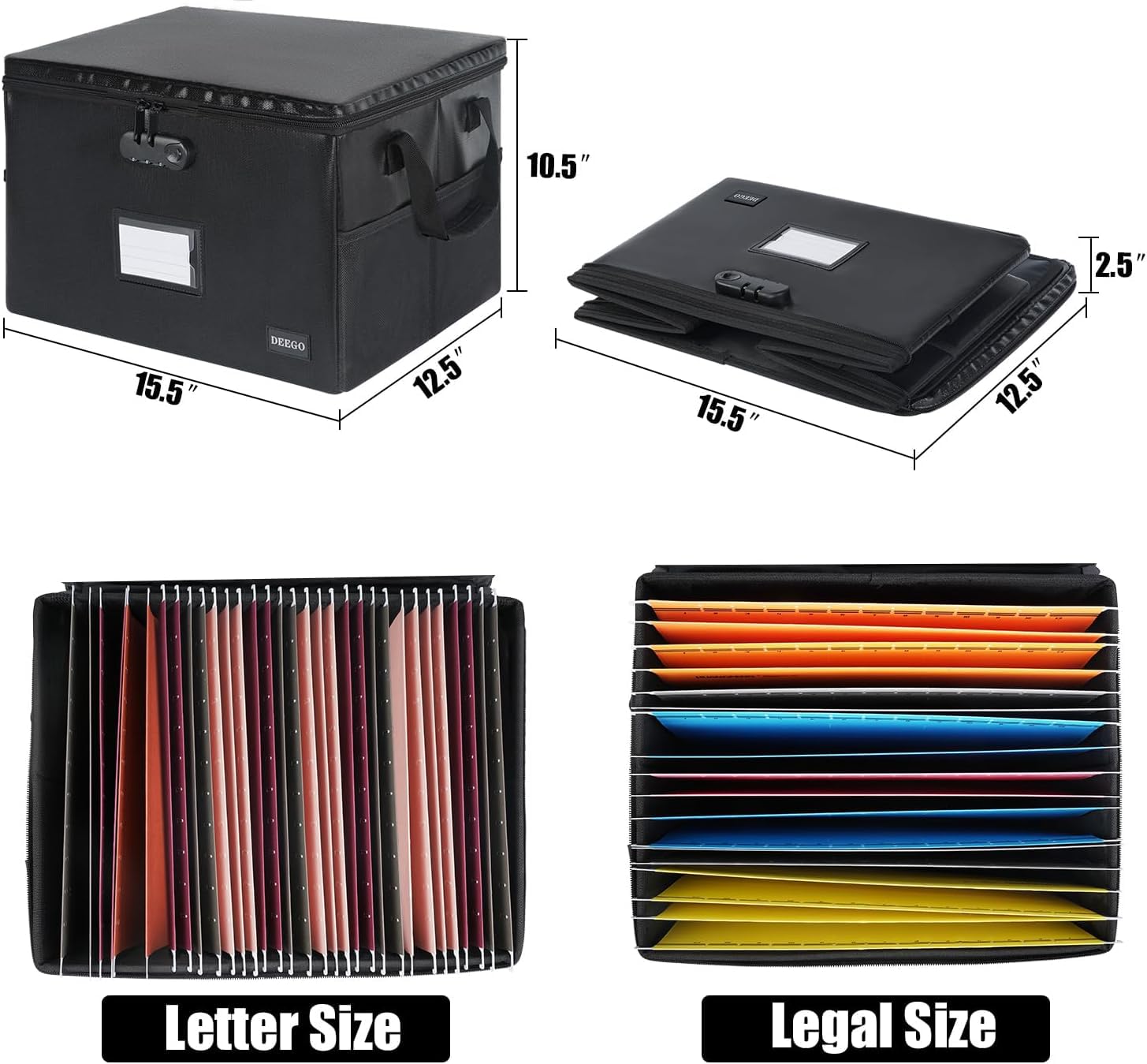 Fireproof Document Box, Water-Resistant File Organizer Box with Lock, Portable File Box with Handle Document Organizer Collapsible File Cabinets for Home Office for Hanging Letter/Legal Folder, Black
