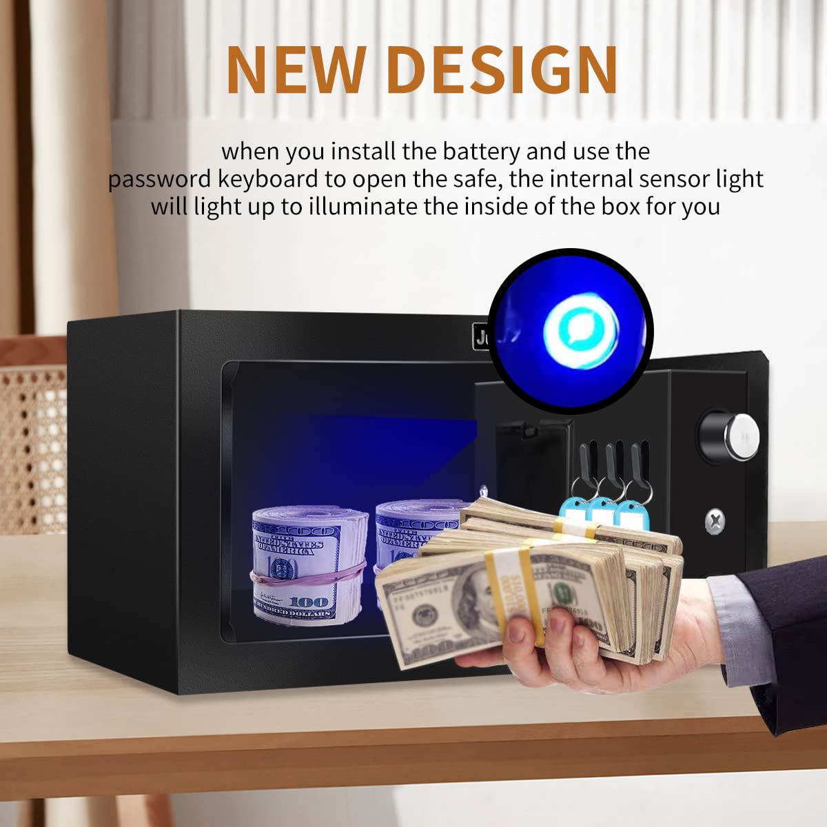 JUGREAT Safe Box with Induction Light,Electronic Digital Security Safe Steel Construction Hidden with Lock,Wall or Cabinet Anchoring Design for Home Office Hotel Business 0.23 Cubic Feet Black