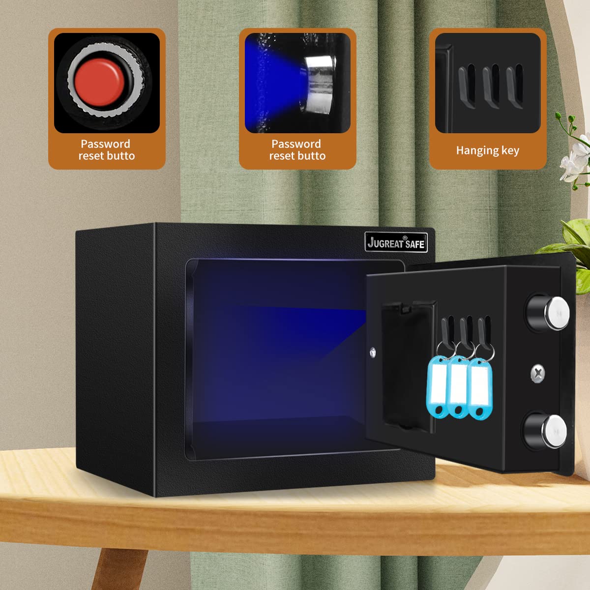 JUGREAT Safe Box with Induction Light,Electronic Digital Security Safe Steel Construction Hidden with Lock,Wall or Cabinet Anchoring Design for Home Office Hotel Business 0.23 Cubic Feet Black