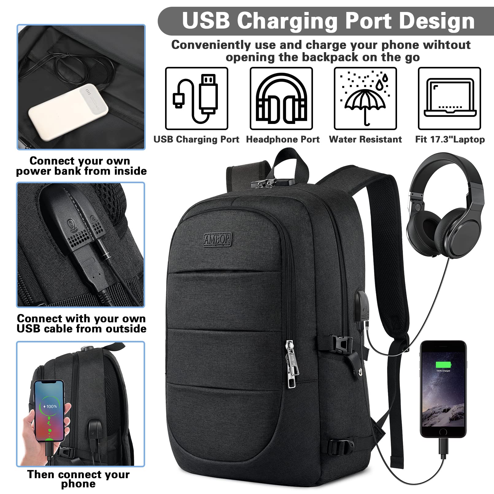 AMBOR Travel Laptop Backpack,17.3 inch Anti Theft Business Laptop Backpack with USB Charging Port and Headphone Interface , College School Backpack for Men & Women,Black