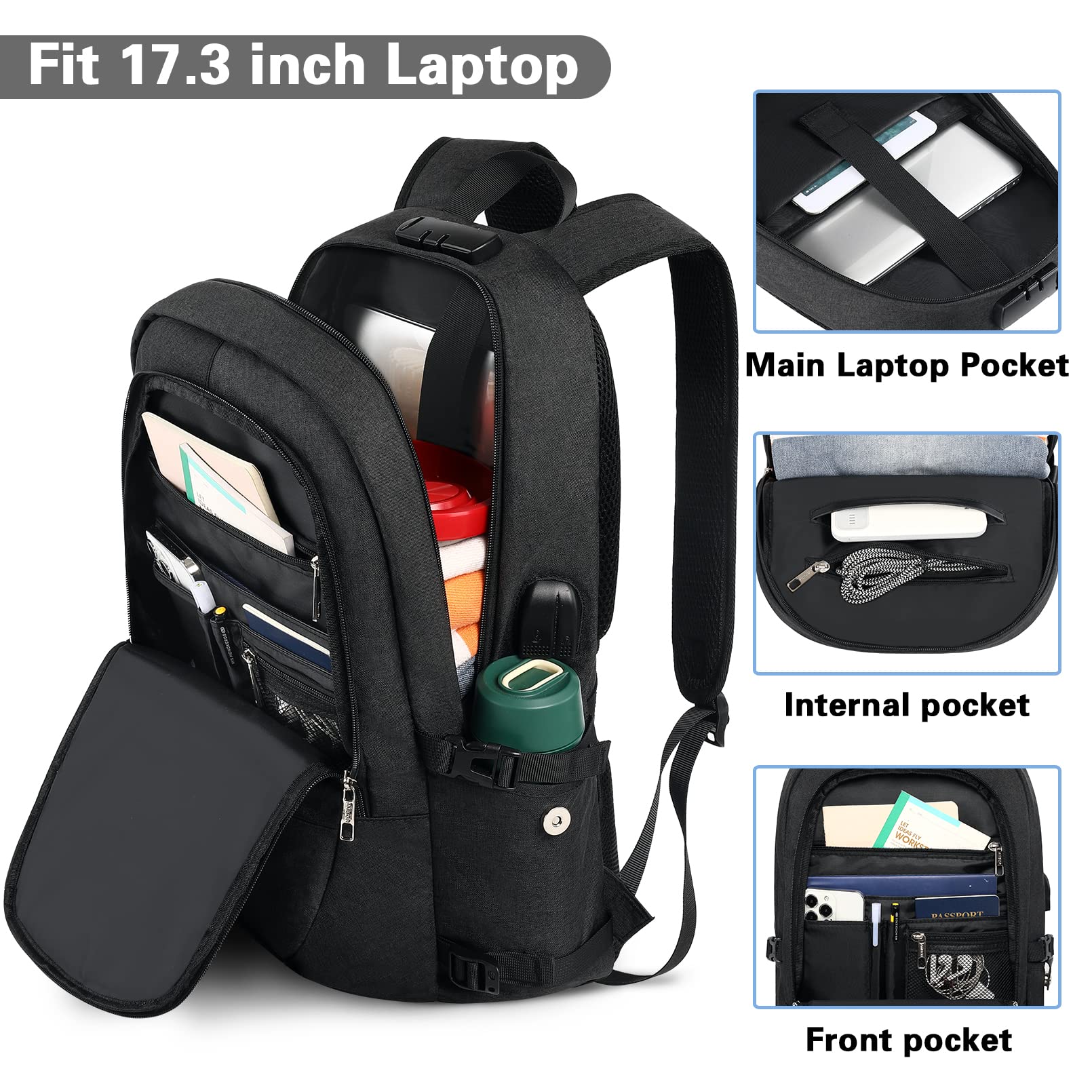 AMBOR Travel Laptop Backpack,17.3 inch Anti Theft Business Laptop Backpack with USB Charging Port and Headphone Interface , College School Backpack for Men & Women,Black