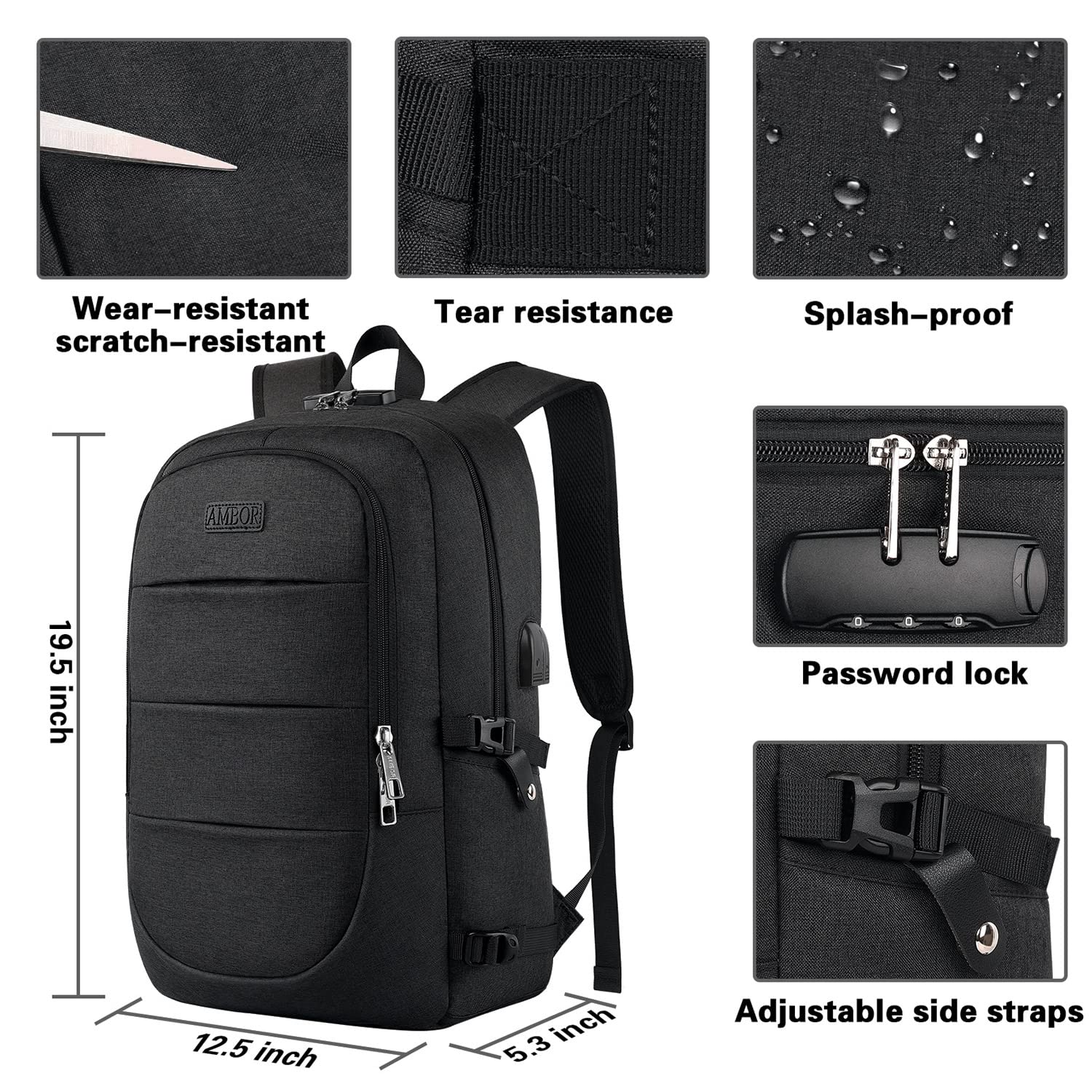 AMBOR Travel Laptop Backpack,17.3 inch Anti Theft Business Laptop Backpack with USB Charging Port and Headphone Interface , College School Backpack for Men & Women,Black