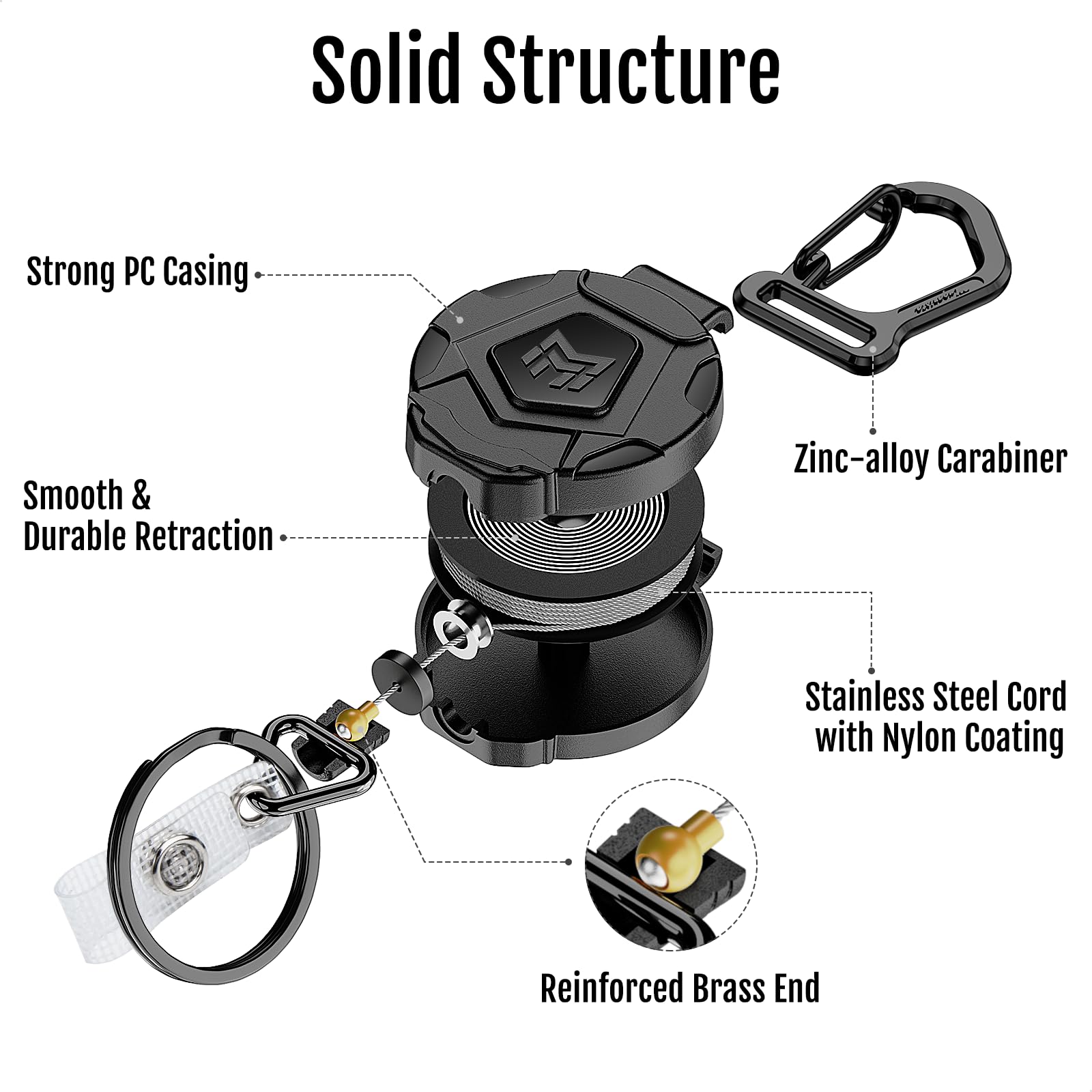 MNGARISTA Retractable Keychain, Heavy Duty Carabiner Badge Holder, Tactical ID Badge Reel with 31.5” Steel Retractable Cord, 8.0 oz