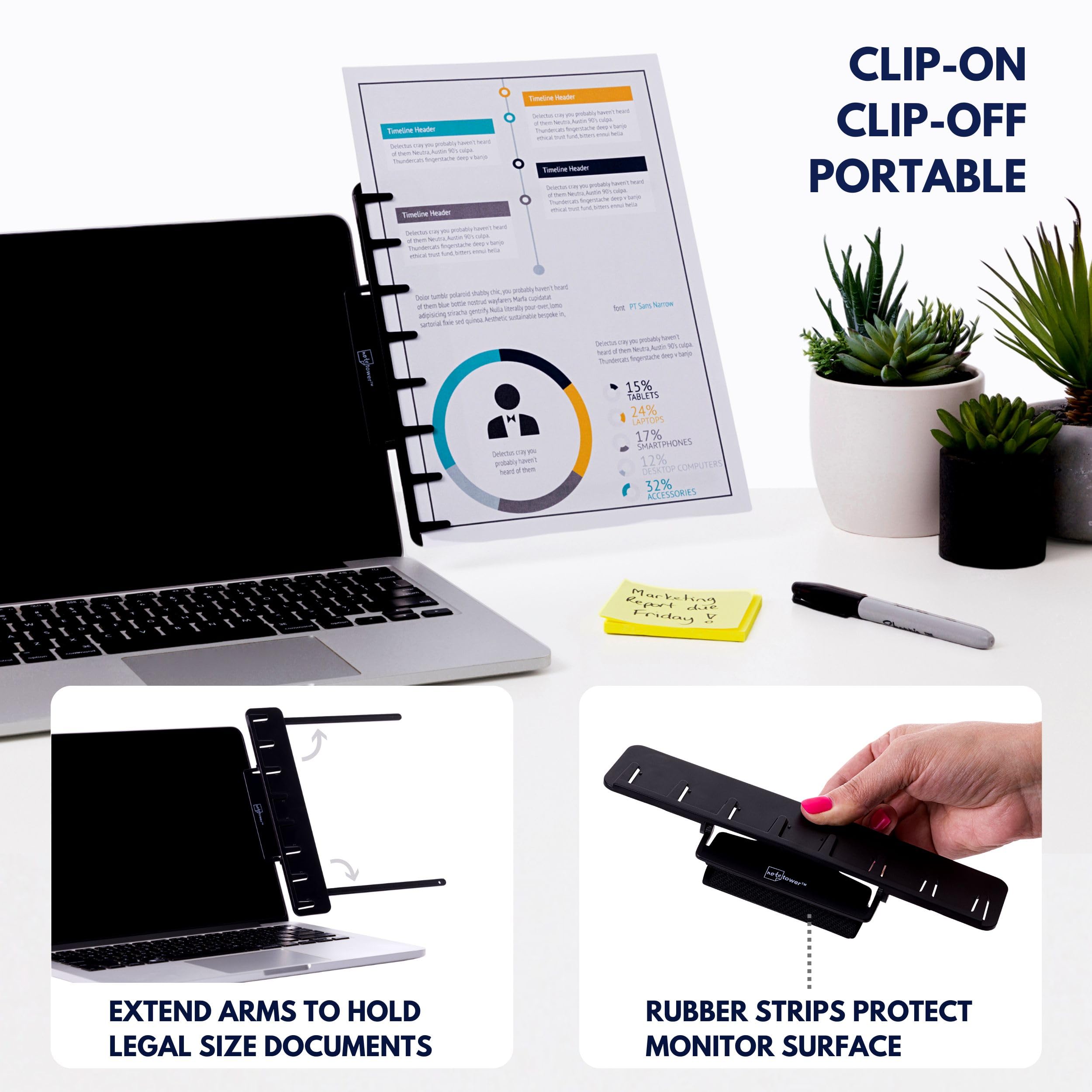Note Tower Monitor Document Paper Holder for Typing - Sticky Note Organizer - Mounts to Laptops & Desktop Monitors, Reduces Eye and Neck Strain - Black