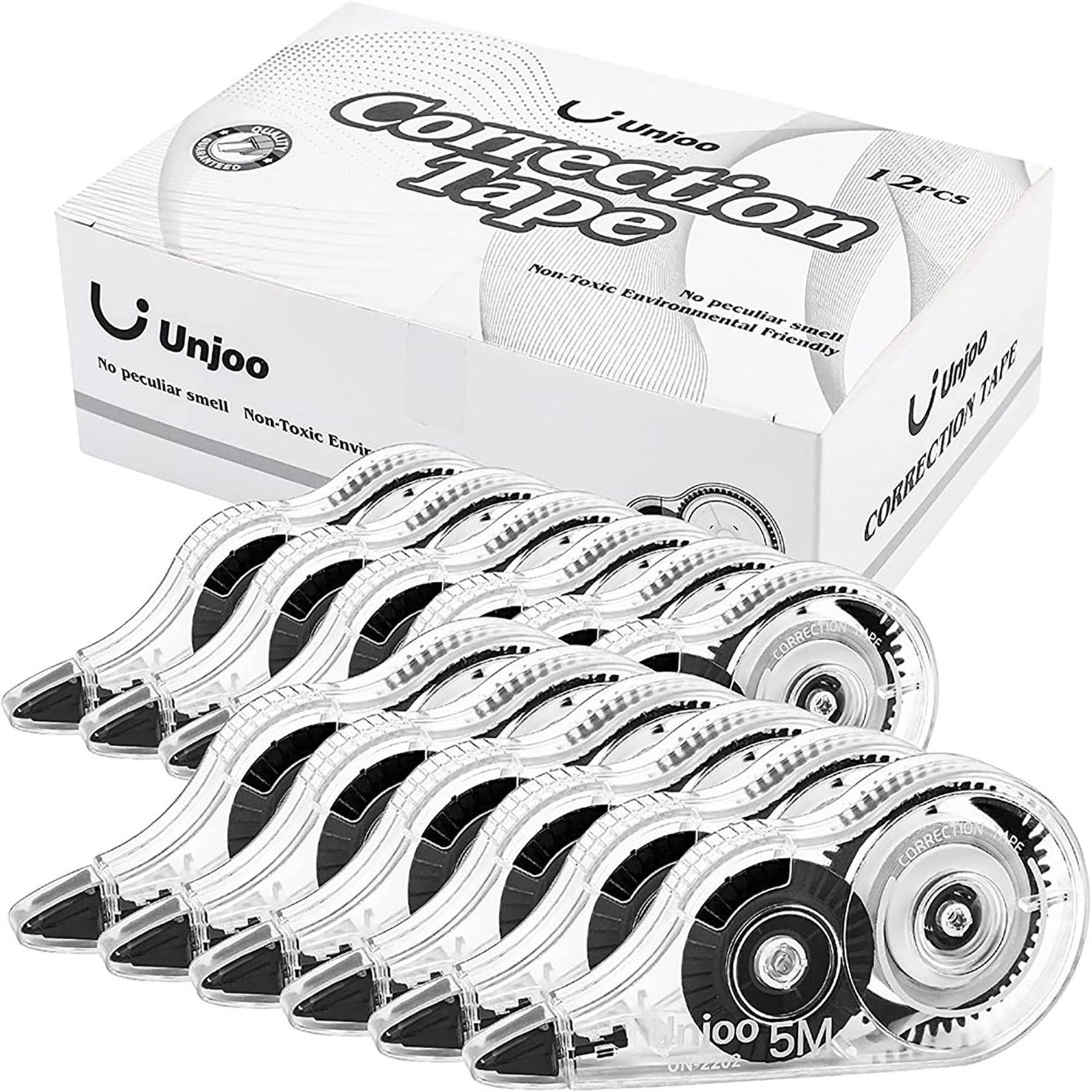 Unjoo Whiteout Correction Tape, Easy To Use Applicator for Instant Corrections Correct Wrong Writing At Any Time, For school, Office (12pack, 5M/196" x 0.2", Black)