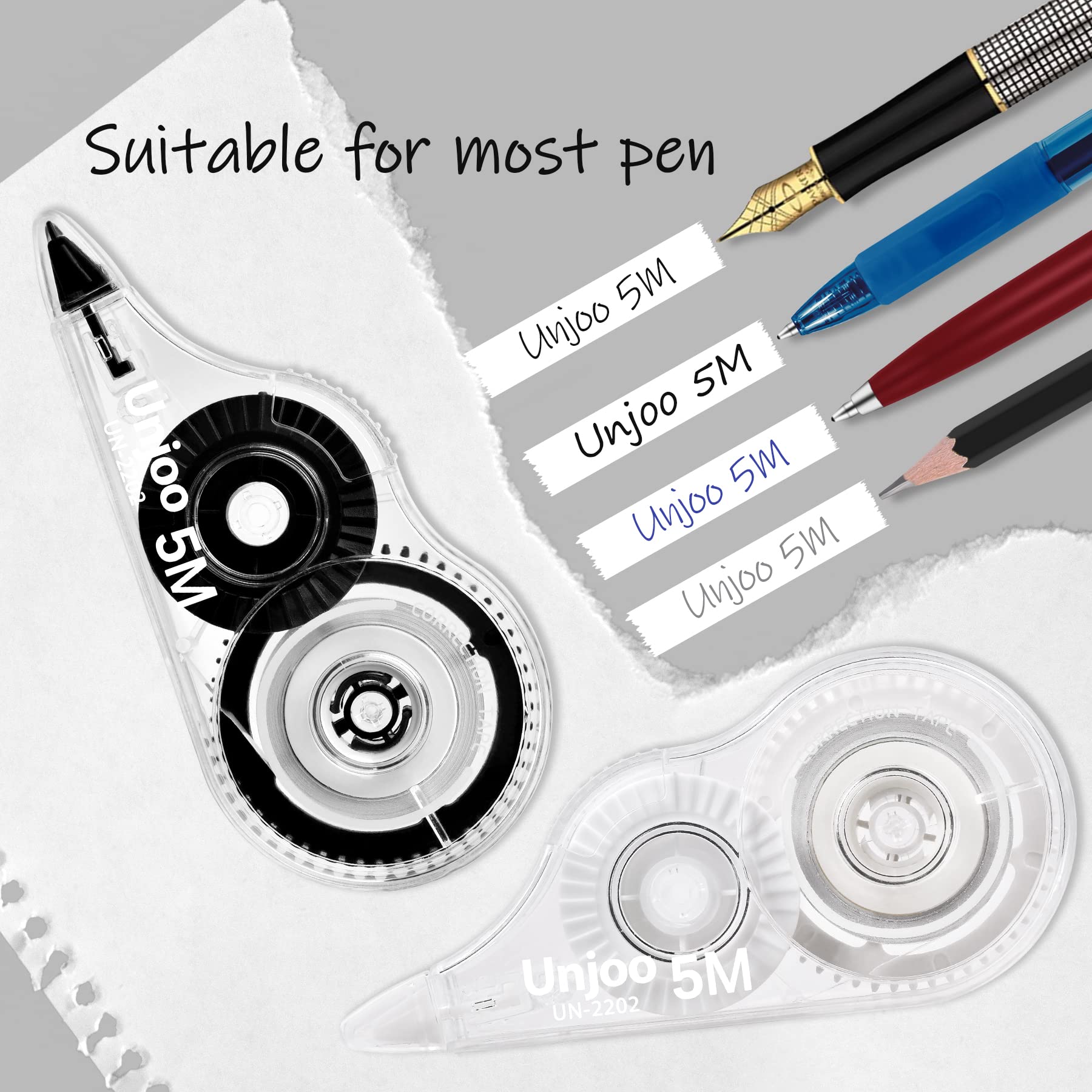 Unjoo Whiteout Correction Tape, Easy To Use Applicator for Instant Corrections Correct Wrong Writing At Any Time, For school, Office (12pack, 5M/196" x 0.2", Black)