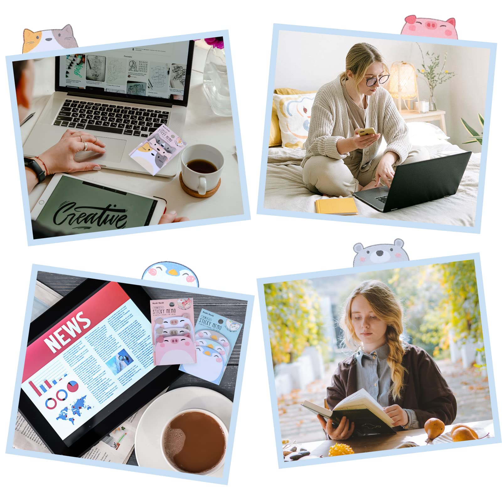 Molain Cute Sticky Notes, 6 Pack Cartoon Sticky Notes Animals Shape Markers Flags Self-Stick Memo Pads Students Home Office Roommates Gifts Tab Supplies 270 Sheets