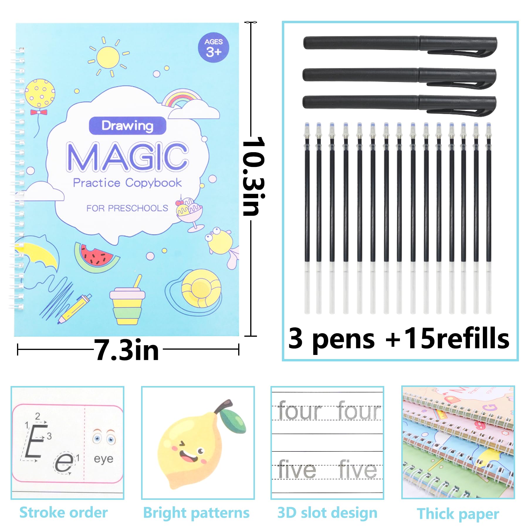 4 Pack Groove Magic Practice Copybook for Kids, Comfy Kindergarten Handwriting Set, Life Pigment Copy Book, Reusable Tracing Workbook with Pens & Aid Pen Grips