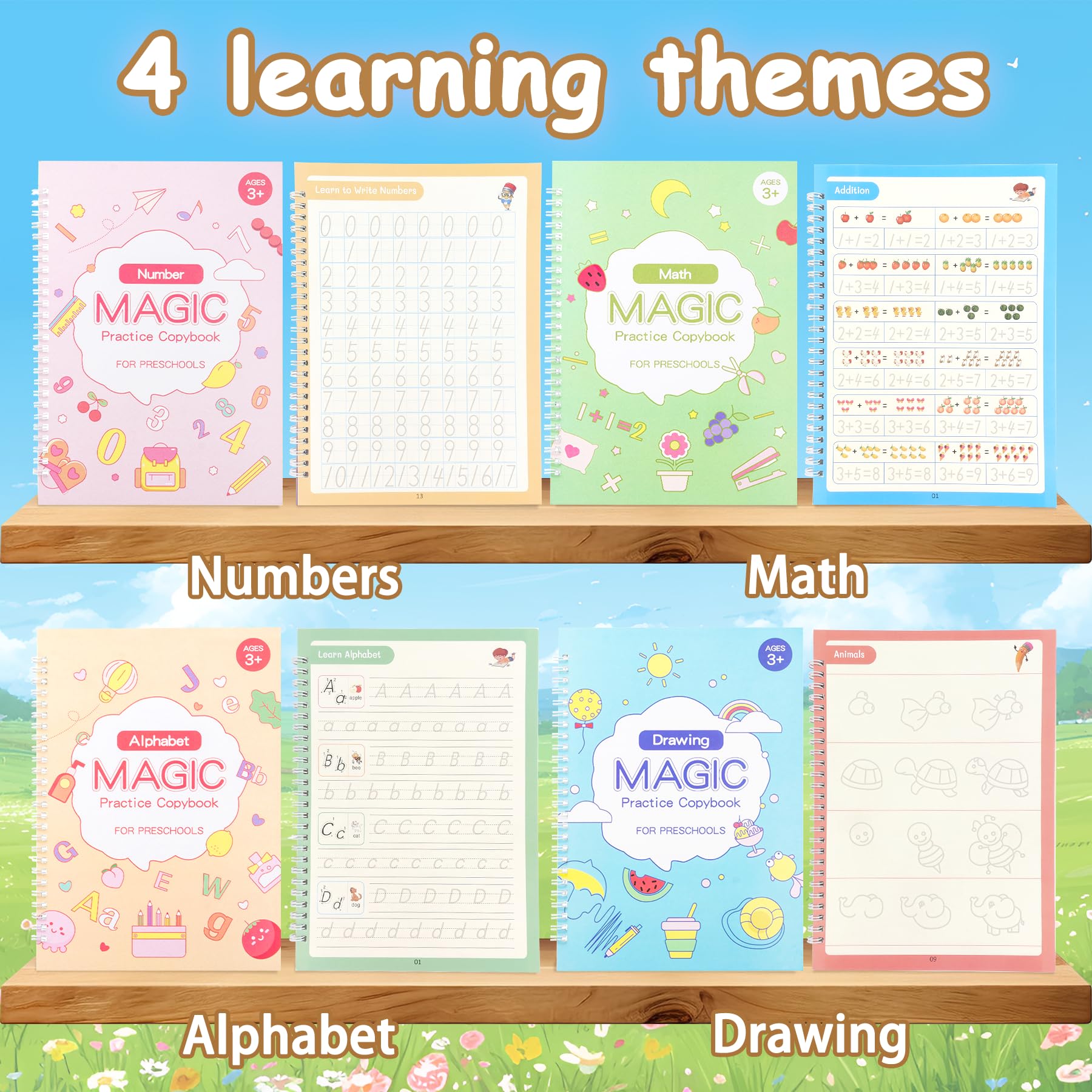 4 Pack Groove Magic Practice Copybook for Kids, Comfy Kindergarten Handwriting Set, Life Pigment Copy Book, Reusable Tracing Workbook with Pens & Aid Pen Grips