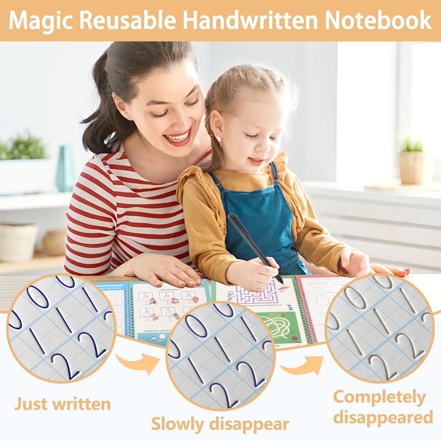 4 Pack Groove Magic Practice Copybook for Kids, Comfy Kindergarten Handwriting Set, Life Pigment Copy Book, Reusable Tracing Workbook with Pens & Aid Pen Grips