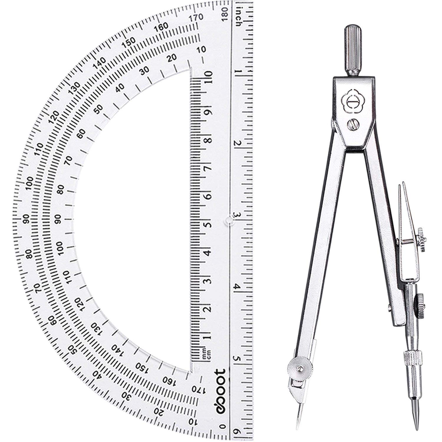 Student Geometry Math Set, Drawing Compass and 6 Inch Clear Swing Arm Protractors 180 Degree Math Protractor (Style 1)