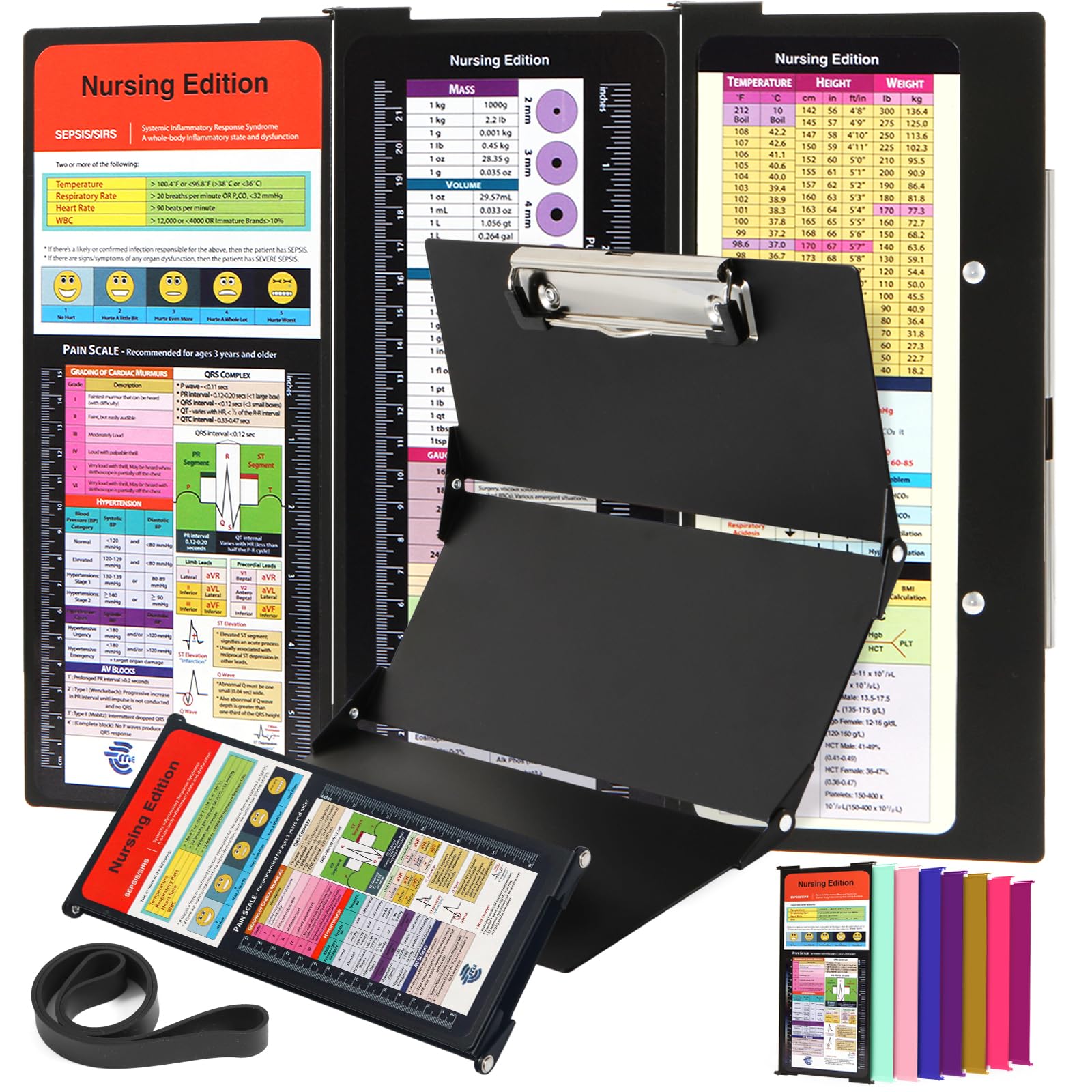 Nursing Clipboard with Nursing and Medical Edition Cheat Sheets 3 Layers Aluminum Foldable Nurse Clip Boards Notepad for Students, Nurses and Doctors (Black)