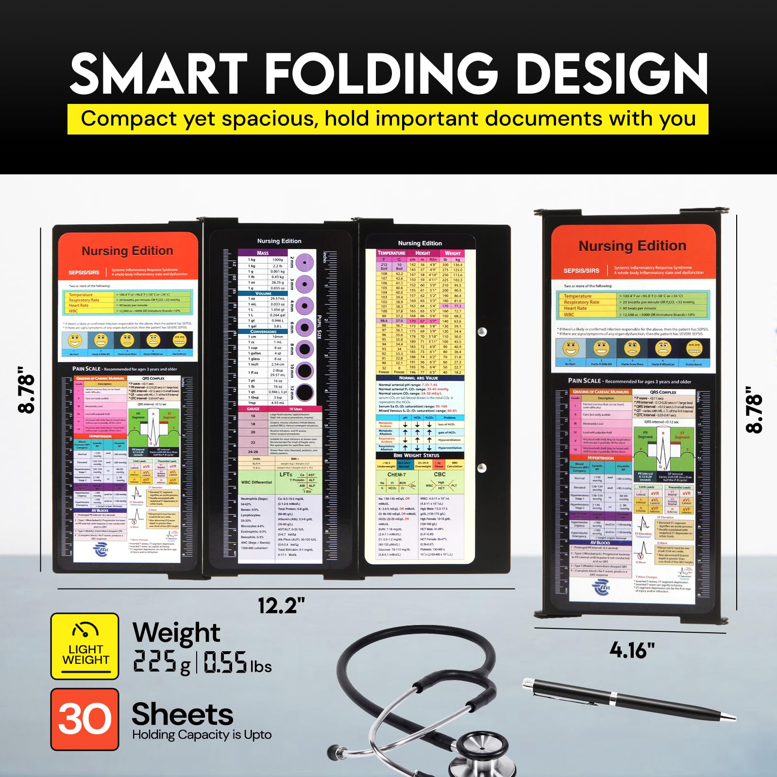 Nursing Clipboard with Nursing and Medical Edition Cheat Sheets 3 Layers Aluminum Foldable Nurse Clip Boards Notepad for Students, Nurses and Doctors (Black)