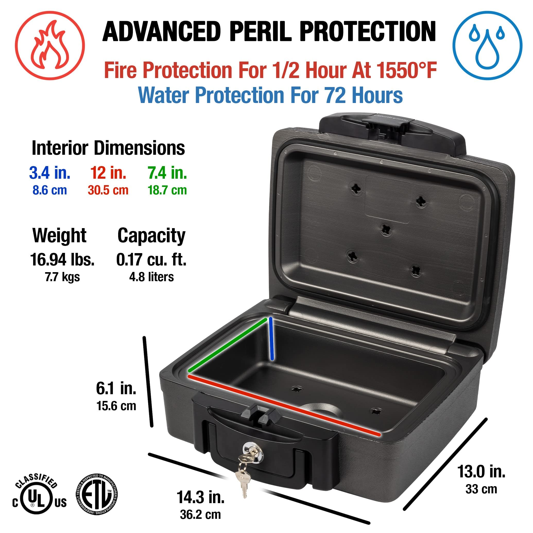 SentrySafe Fireproof and Waterproof Safe Box with Key Lock, Chest Safe for Home with Water-Resistant and Fire-Resistant Security, 0.17 Cubic Feet, 6.1 x 14.3 x 13 Inches, H0100