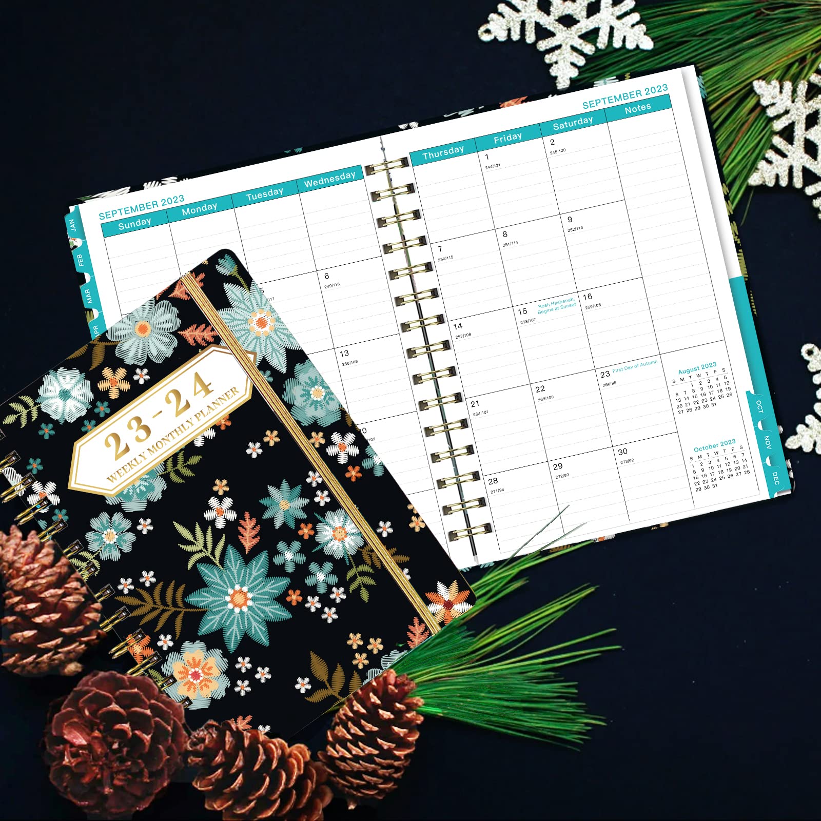 Ymumuda 2023 Planner, Weekly Monthly Planner 2023, 12 Months, JAN.2023 - DEC.2023, 8.4"×6", Spiral Planner Notebook with Stickers, Elastic Closure, Inner Pocket, Coated Tabs, Blue Embroidery Floral
