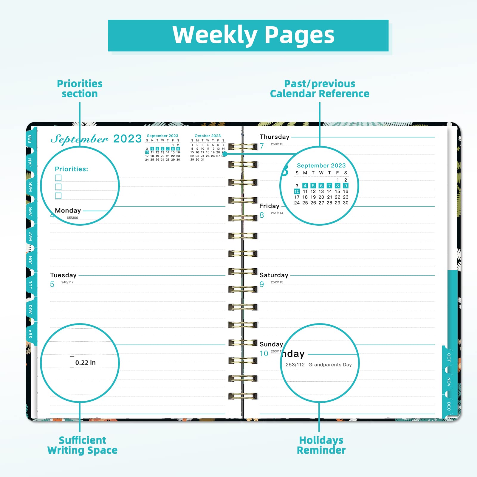 Ymumuda 2023 Planner, Weekly Monthly Planner 2023, 12 Months, JAN.2023 - DEC.2023, 8.4"×6", Spiral Planner Notebook with Stickers, Elastic Closure, Inner Pocket, Coated Tabs, Blue Embroidery Floral