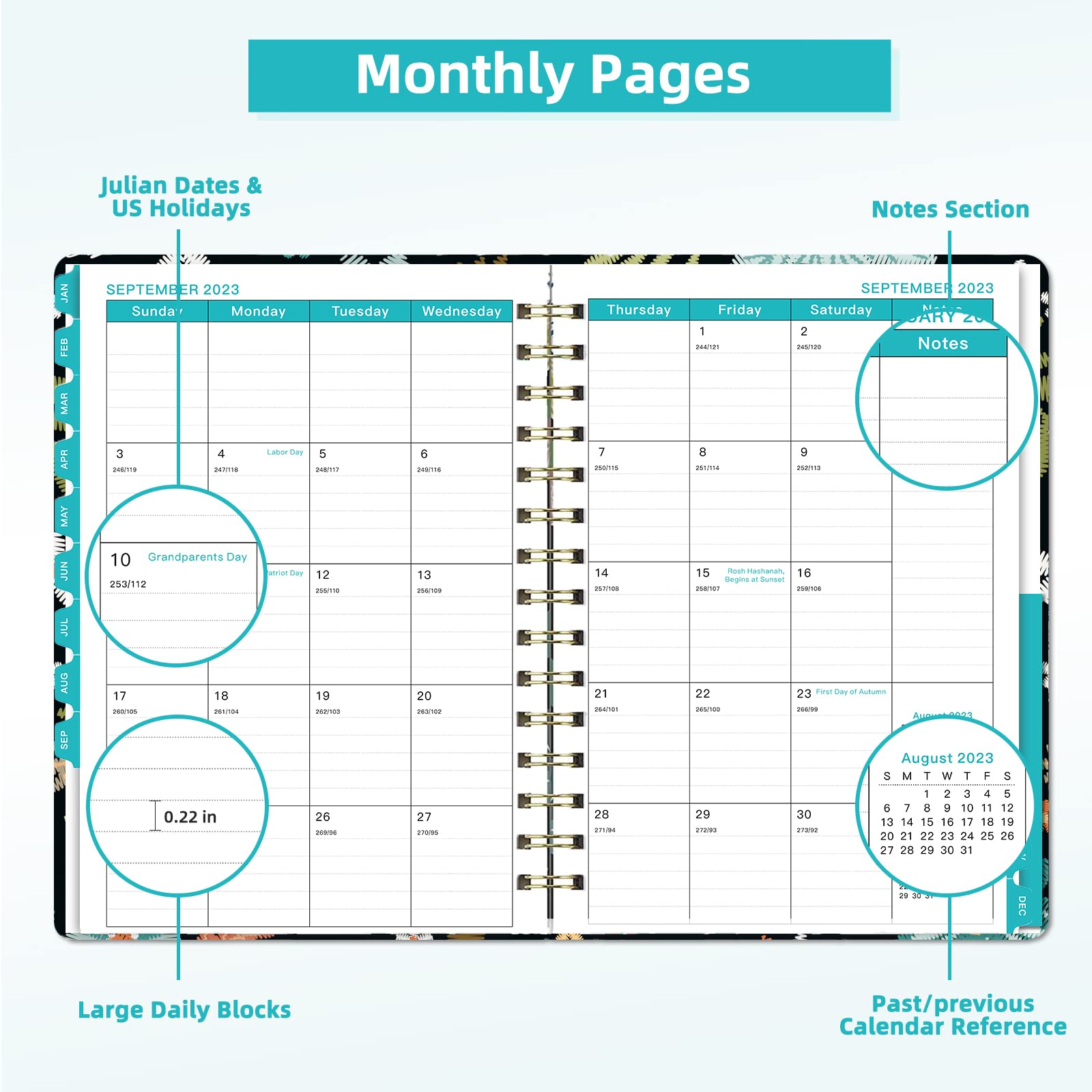 Ymumuda 2023 Planner, Weekly Monthly Planner 2023, 12 Months, JAN.2023 - DEC.2023, 8.4"×6", Spiral Planner Notebook with Stickers, Elastic Closure, Inner Pocket, Coated Tabs, Blue Embroidery Floral