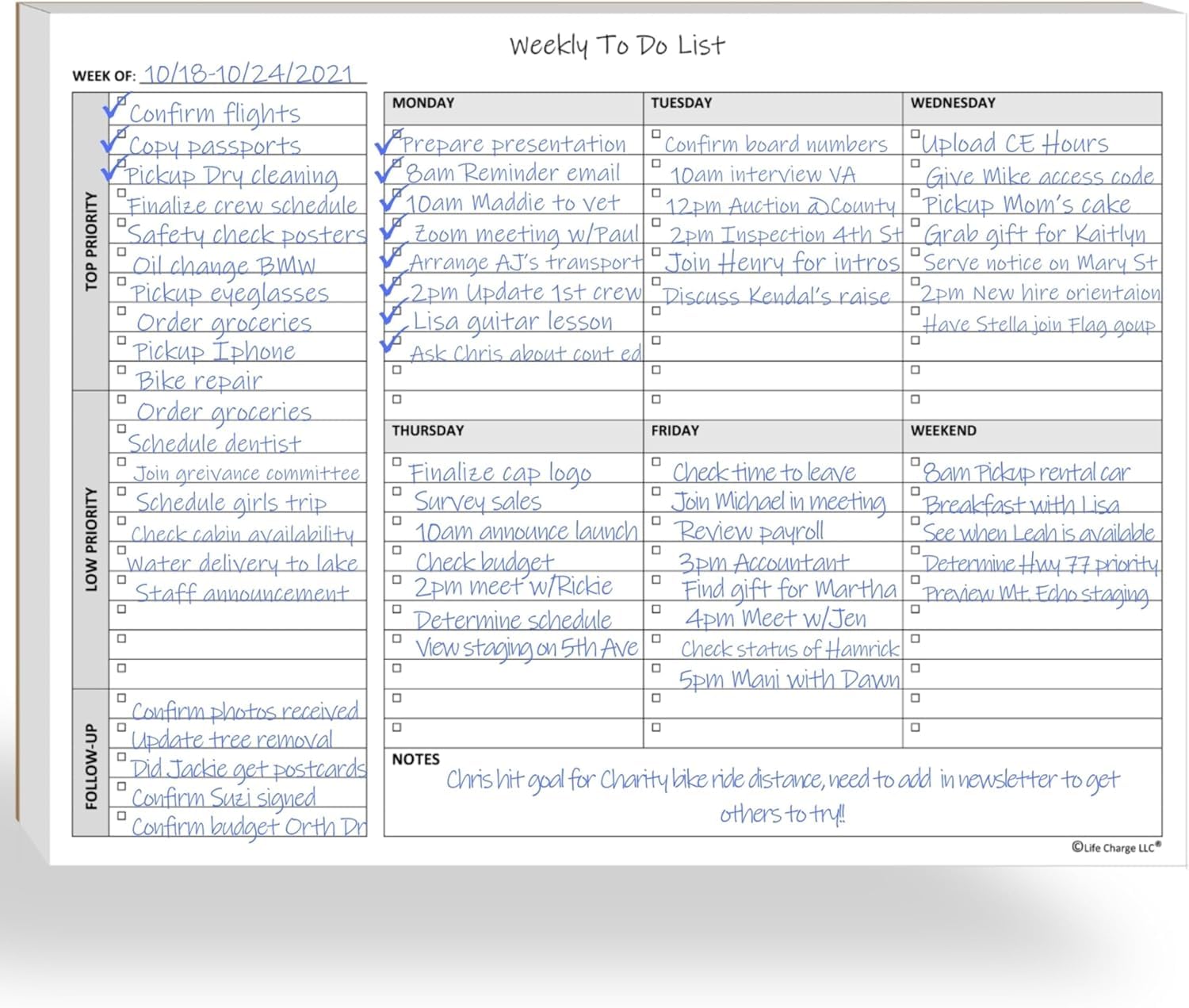 Weekly TO DO List Notepad, 50 Page Task Planner Pad w/ Daily Checklist, Priority ToDo Checkbox & Note Sections. Desk Notebook Pad to Organize Office. 11 X 8.5, A4 Sheets. Made in the USA.