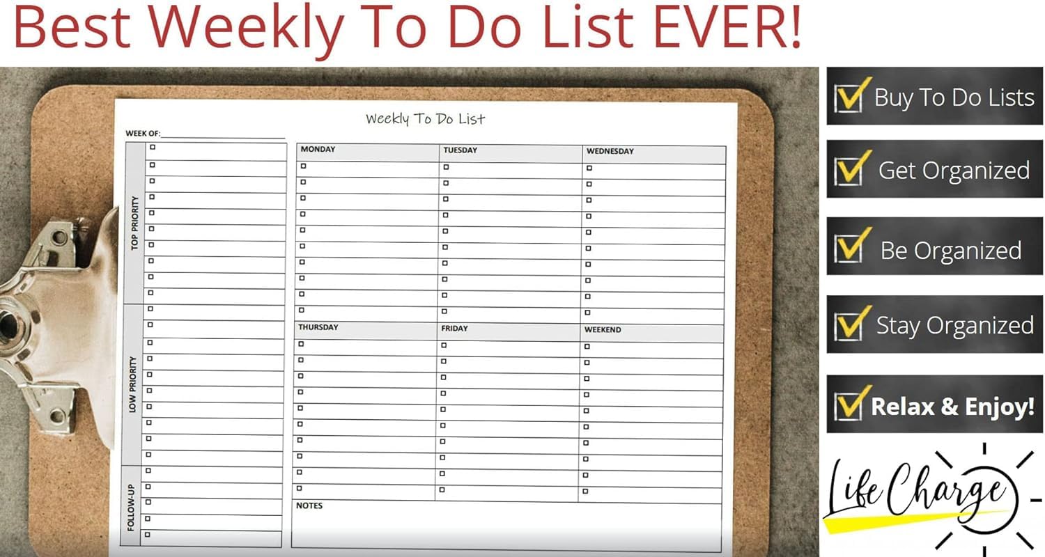 Weekly TO DO List Notepad, 50 Page Task Planner Pad w/ Daily Checklist, Priority ToDo Checkbox & Note Sections. Desk Notebook Pad to Organize Office. 11 X 8.5, A4 Sheets. Made in the USA.