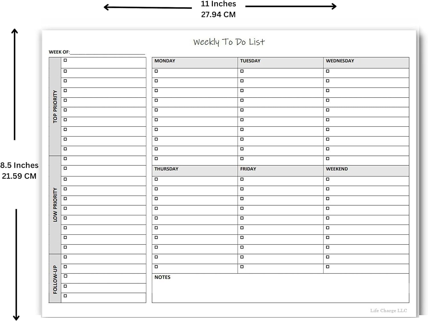 Weekly TO DO List Notepad, 50 Page Task Planner Pad w/ Daily Checklist, Priority ToDo Checkbox & Note Sections. Desk Notebook Pad to Organize Office. 11 X 8.5, A4 Sheets. Made in the USA.
