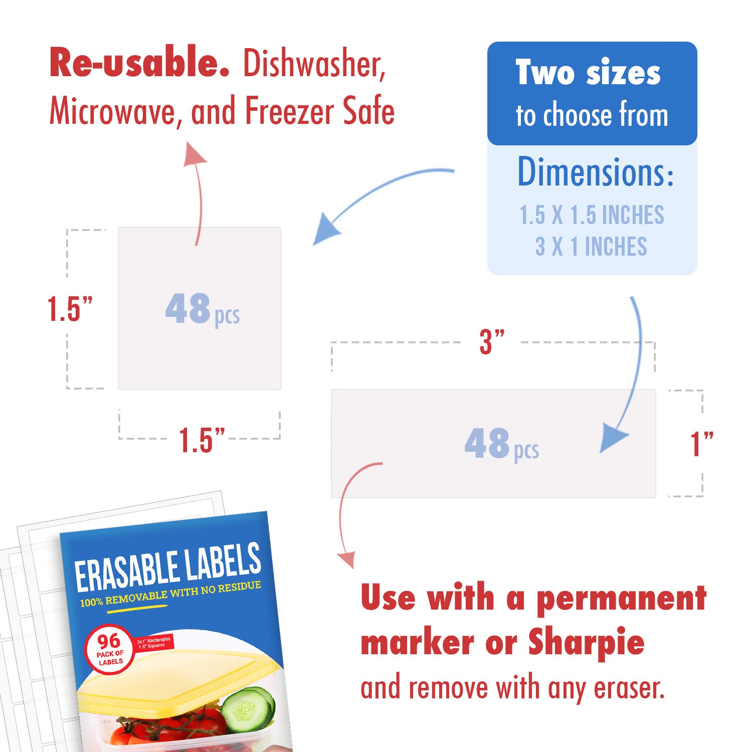 MESS Reusable Labels for Food Containers - Erasable Kitchen Labels (96-Pack) Labels for Organizing - Food Labels for Containers - Removable Labels Freezer Fridge - White Dry Erase - Labels for Jars