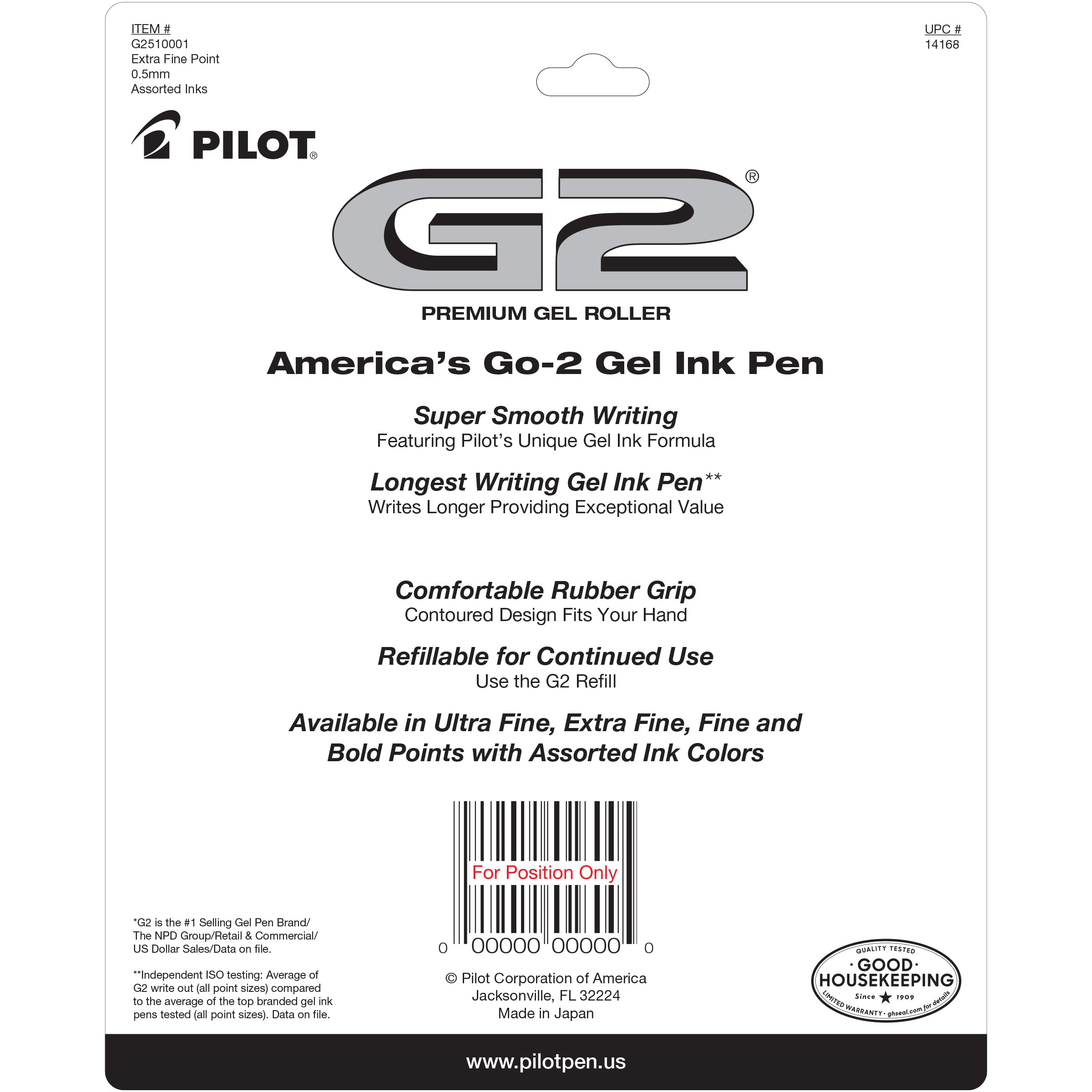 Pilot G2 Premium Retractable Gel-Ink Rolling Ball Pens, Extra Fine Point (0.5mm), Assorted, 10/Pk (14168)