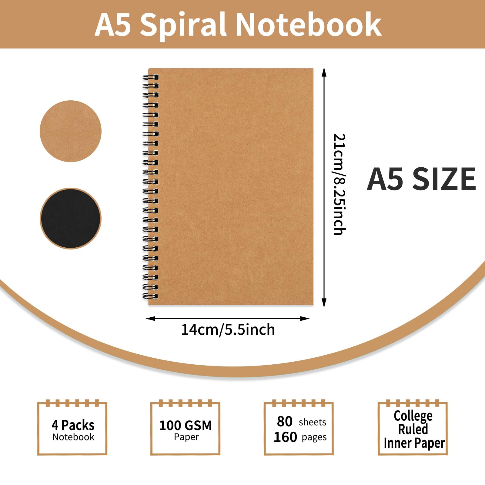 EOOUT 4 Pack Spiral Lined Notebook, Ruled Journals Notebooks, Soft Cover Notebook, 80 Sheets, 160 Pages, Lined Paper, 5" x 8", for Gifts, Office, School Supplies