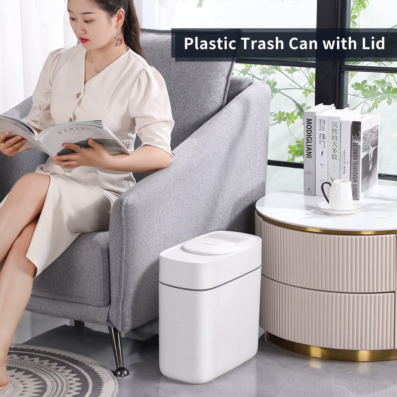 JOYBOS Small Bathroom Trash Can with Lids, 3 Gallon Garbage Can with a Lid, Mini Wastebasket for Bedroom, Slim Plastic Waste Bin Between Wall & Toilet, Suit for RV, Living Room, Office, Laundry