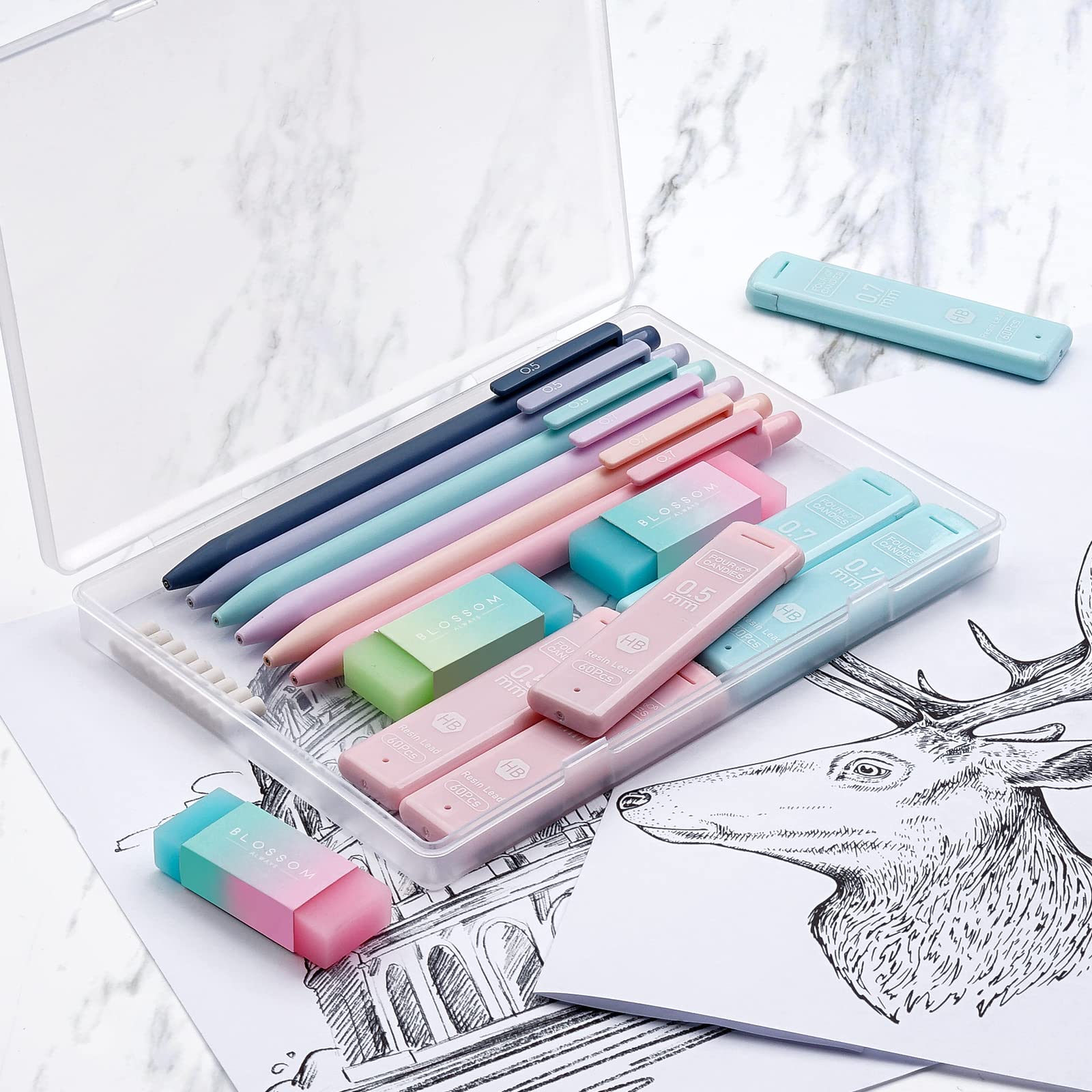 Four Candies Cute Mechanical Pencil Set, 6PCS Pastel Mechanical Pencils 0.5mm & 0.7mm with 360PCS HB Pencil Leads, 3PCS Erasers and 9PCS Eraser Refills, Aesthetic Mechanical Pencils for Girls Writing
