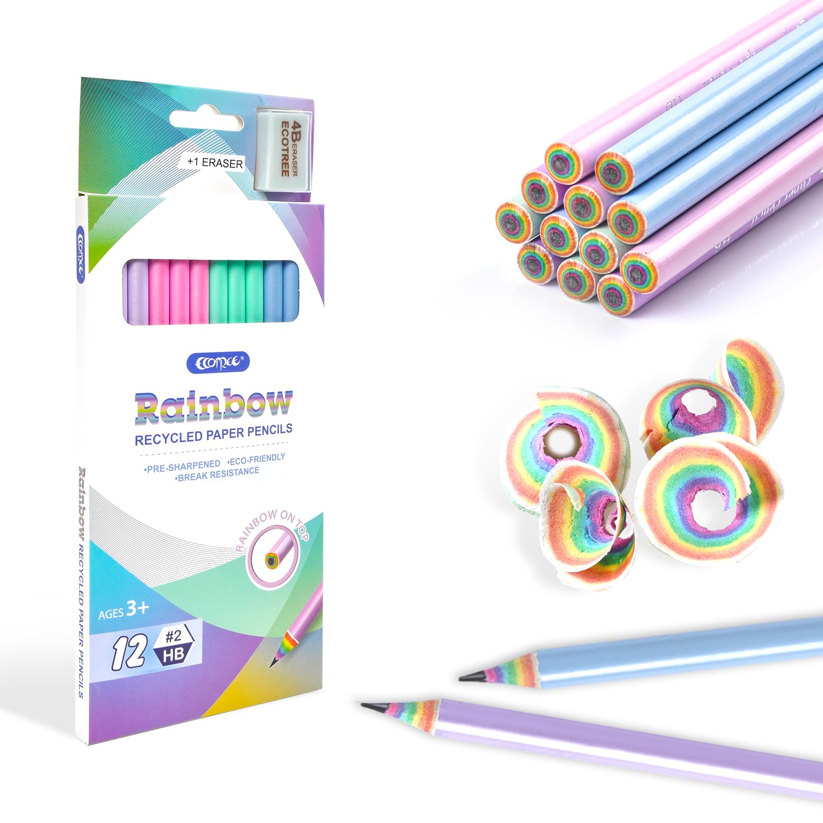 ECOTREE Eco-friendly Wood & Plastic Free Rainbow Recycled Paper #2 HB Pencils For School and Office Supplies, Pre-sharpened,12-Pack