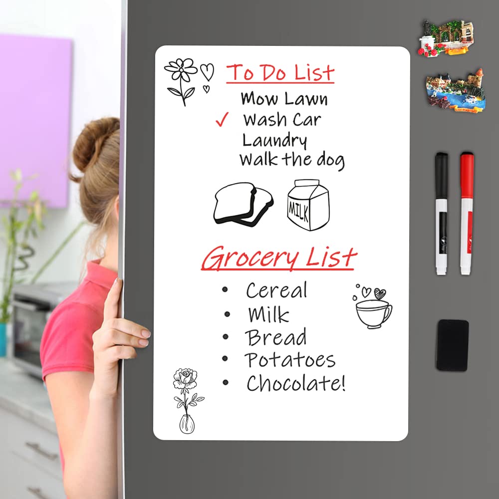Magnetic Dry Erase Board Fridge White Board Sheet 20x13"-Easy to Write and Clean, Flexible Refrigerator Magnet Whiteboard Notepad for Home Kitchen Memo Grocery List, 2 Markers and Eraser with Magnets