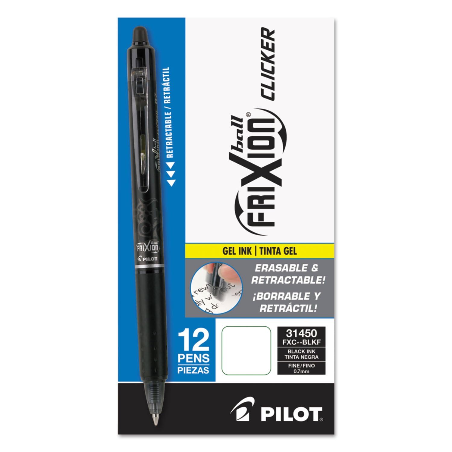 PILOT FriXion Clicker Erasable, Refillable & Retractable Gel Ink Pens, Fine Point, Black Ink, 12-Pack (31450)