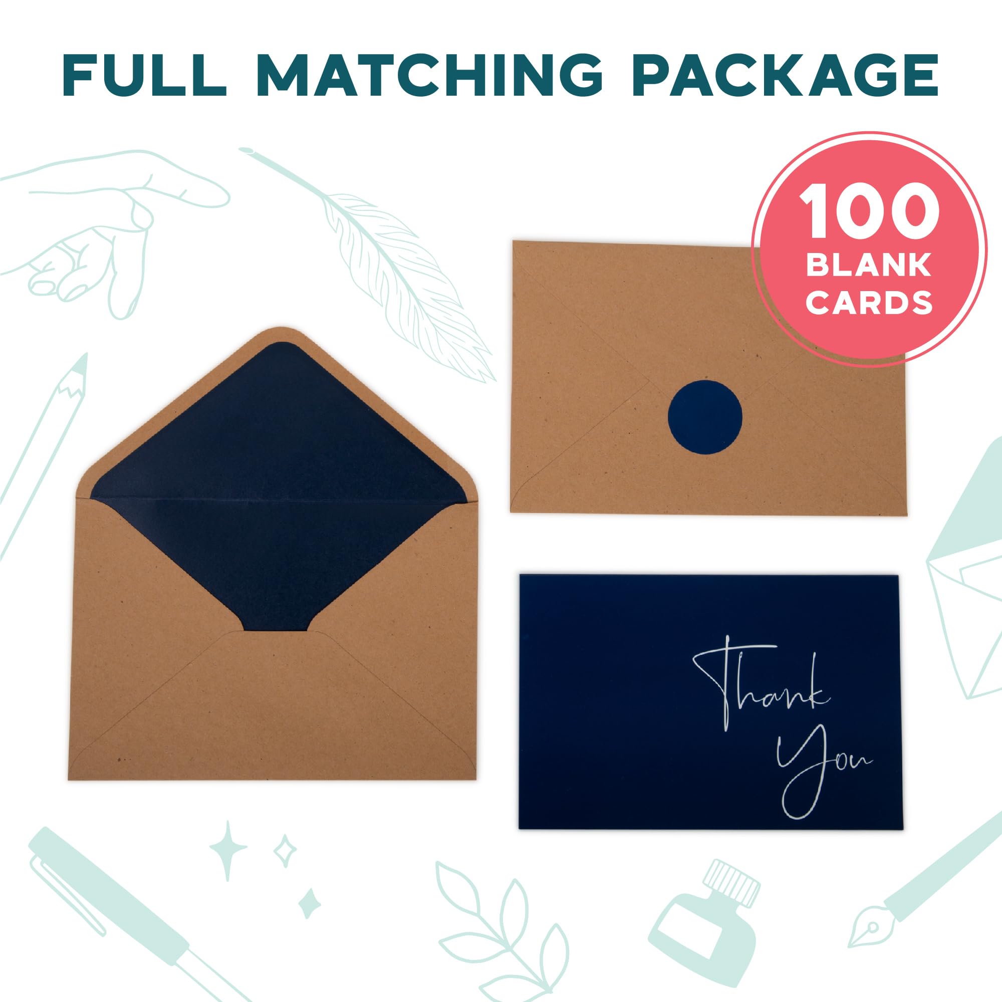 100 Navy Blue Thank You Cards with Envelopes & Stickers | Classy Thank You Notes Bulk Box Set | Large Professional Looking 4” x 6" Cards Perfect for Business, Graduation, Baby Shower & Wedding