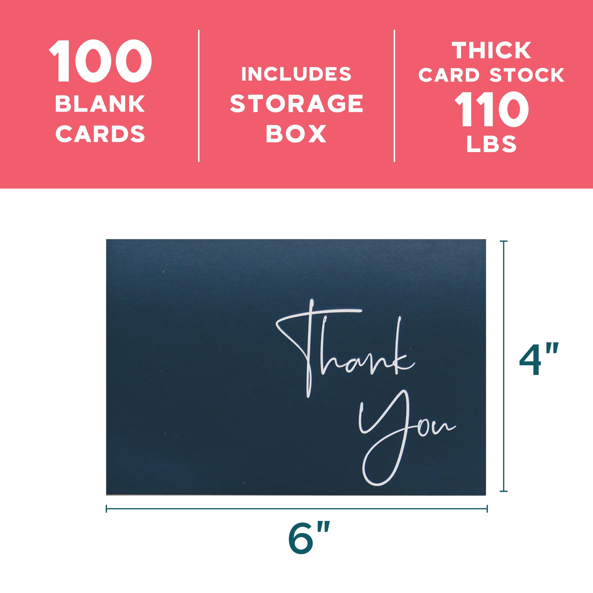 100 Navy Blue Thank You Cards with Envelopes & Stickers | Classy Thank You Notes Bulk Box Set | Large Professional Looking 4” x 6" Cards Perfect for Business, Graduation, Baby Shower & Wedding