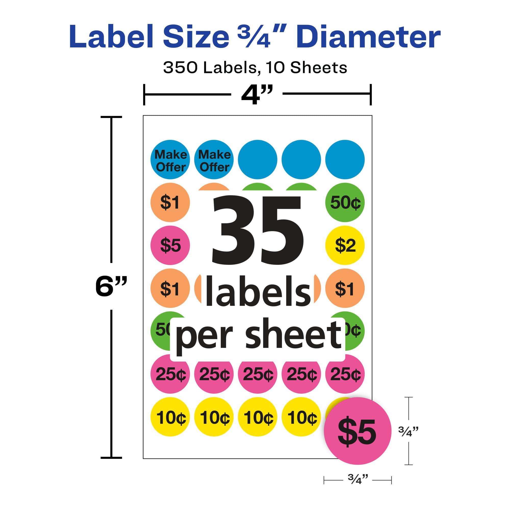 Avery Preprinted Removable Garage Sale Labels, 0.75 Inches, Round, Pack of 350 (5480),Assorted Neon