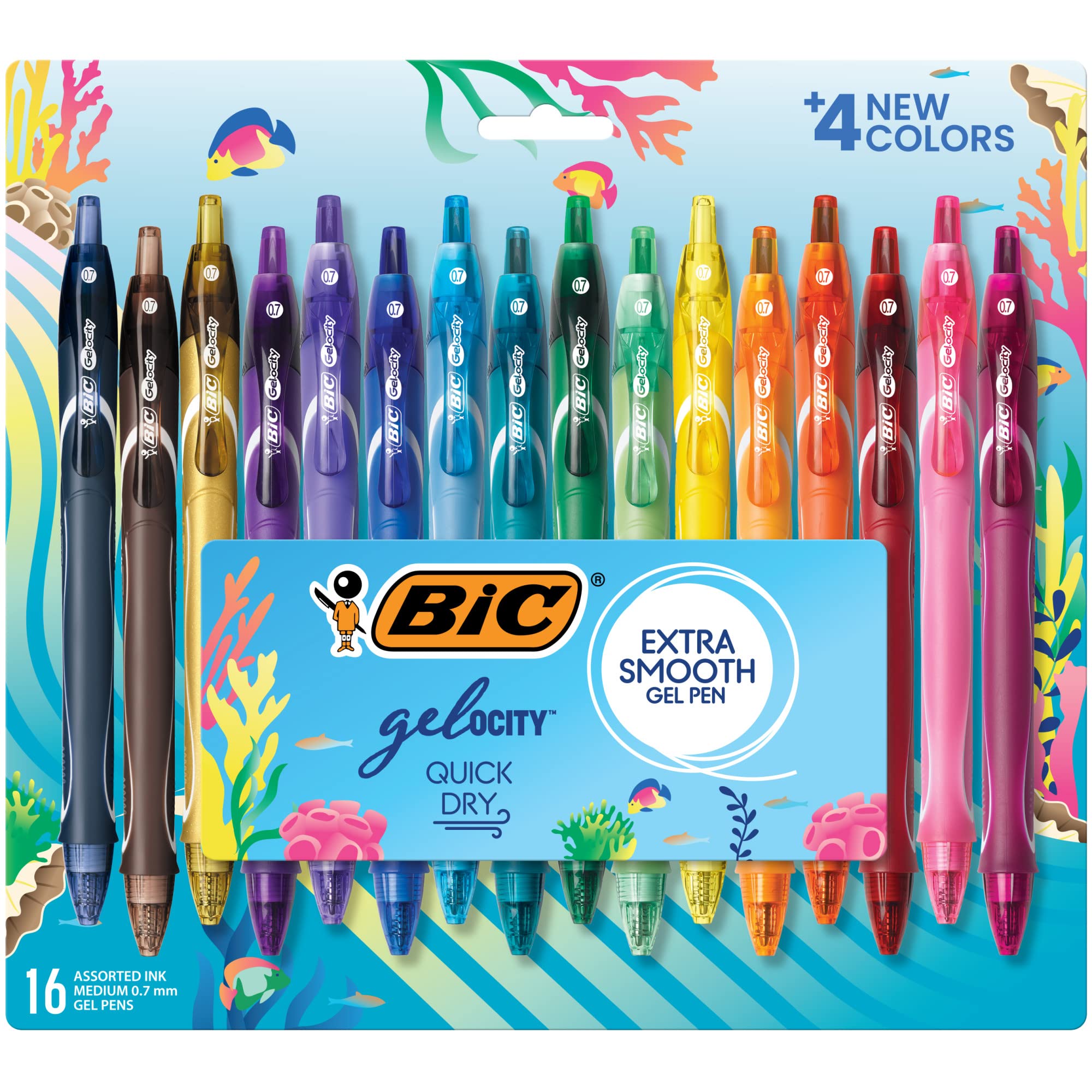 BIC Gel-ocity Quick Dry Ocean Themed Gel Pens, Medium Point (0.7mm), 16-Count Gel Pen Set, Colored Gel Pens for Note Taking and Journaling