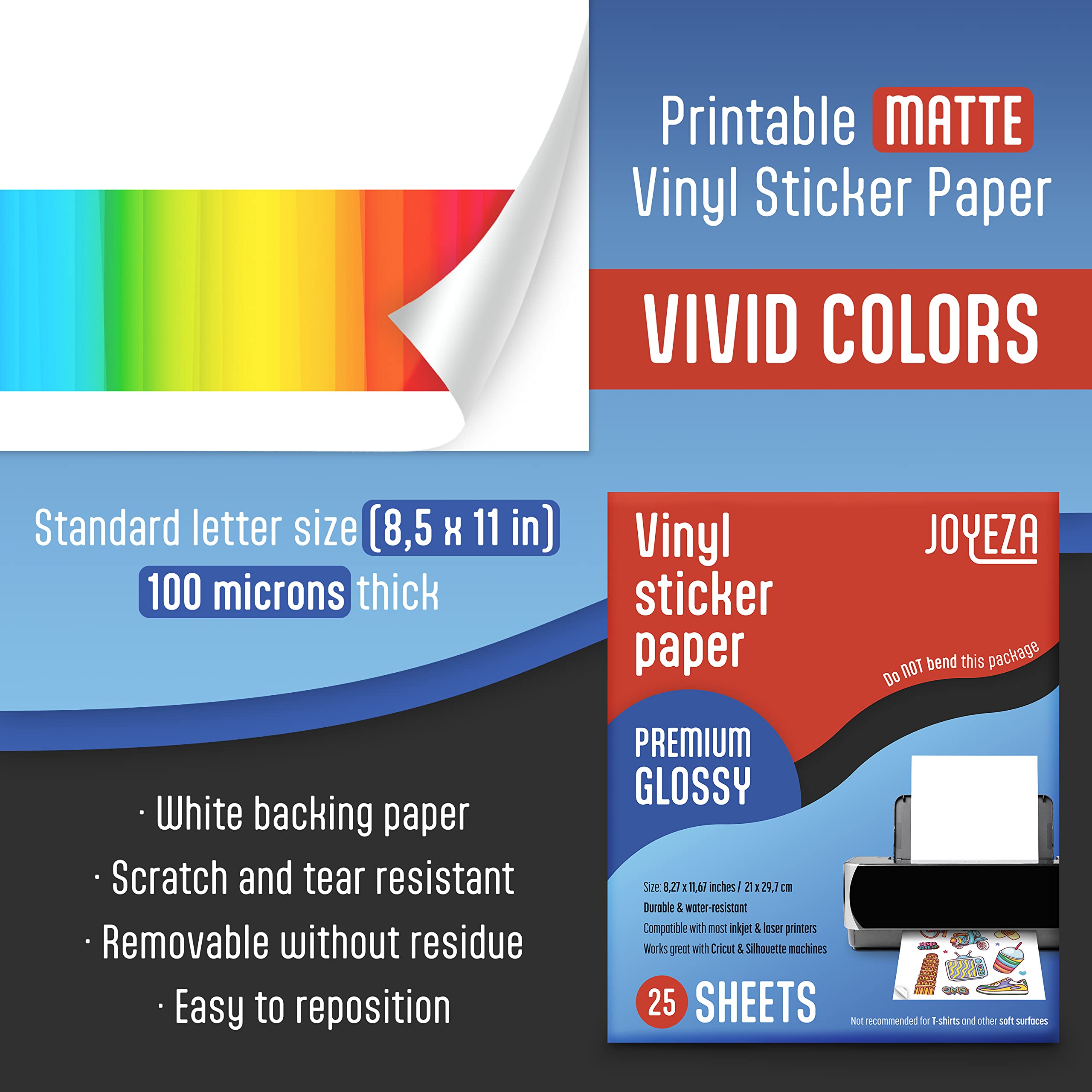 JOYEZA Premium Printable Vinyl Sticker Paper for Inkjet Printer - 25 Sheets Glossy White Waterproof, Dries Quickly Vivid Colors, Holds Ink well - Inkjet & Laser Printer