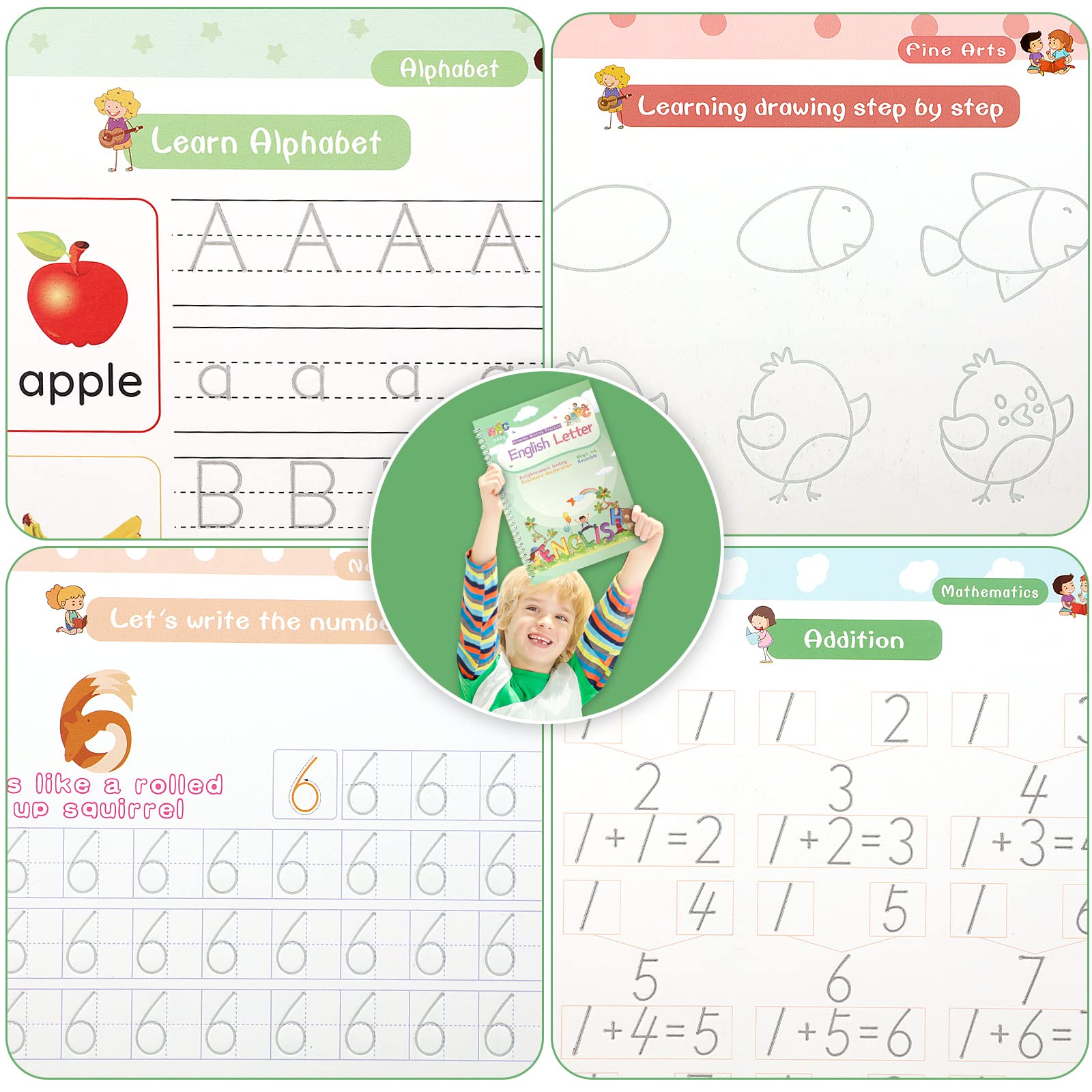 Magical Handwriting Workbooks Practice Copybook, Magic Calligraphy That Can Be Reused Handwriting Copybook Tracing Book (A4+Enlarged 4books+Pens)