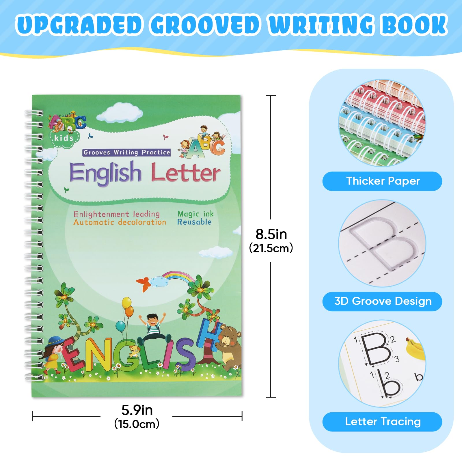 Magical Handwriting Workbooks Practice Copybook, Magic Calligraphy That Can Be Reused Handwriting Copybook Tracing Book (A4+Enlarged 4books+Pens)