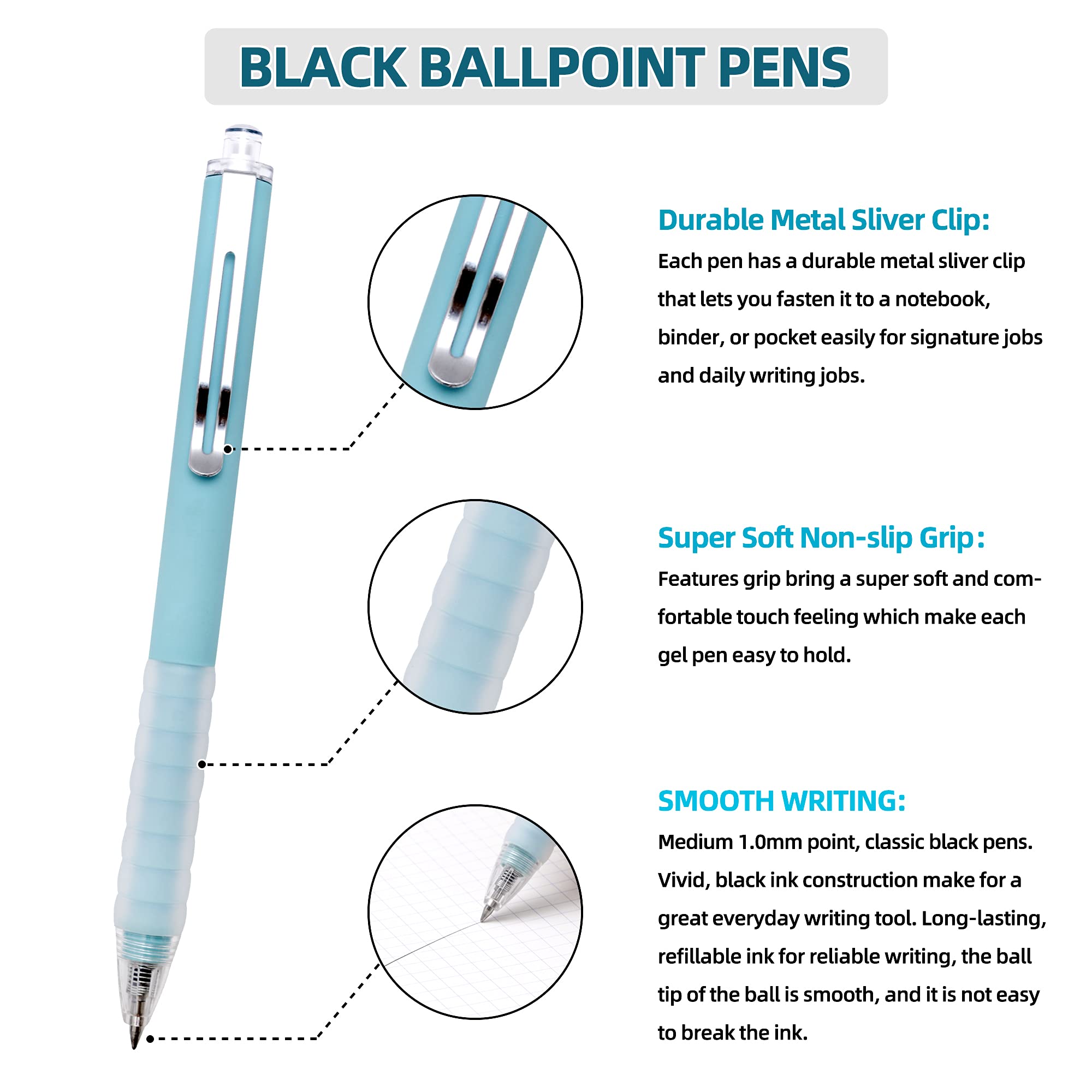 FULLPAD Ballpoint Pens Medium Point 1mm Black Ink Work Pen with Super Soft Grip Ball Point Pen for Men Women Retractable Office Pens (Black-6)