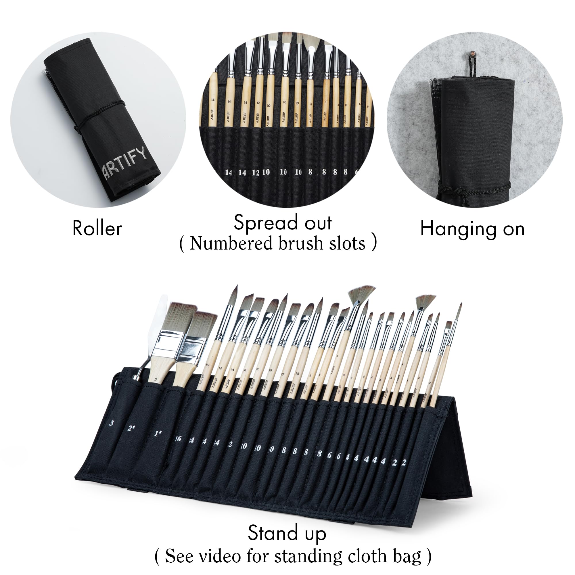 ARTIFY 24 Pieces Paint Brush Set, Expert Series, Enhanced Synthetic Brush Set with Cloth Roll and Palette Knife for Acrylic, Oil, Watercolor and Gouache (Birch)