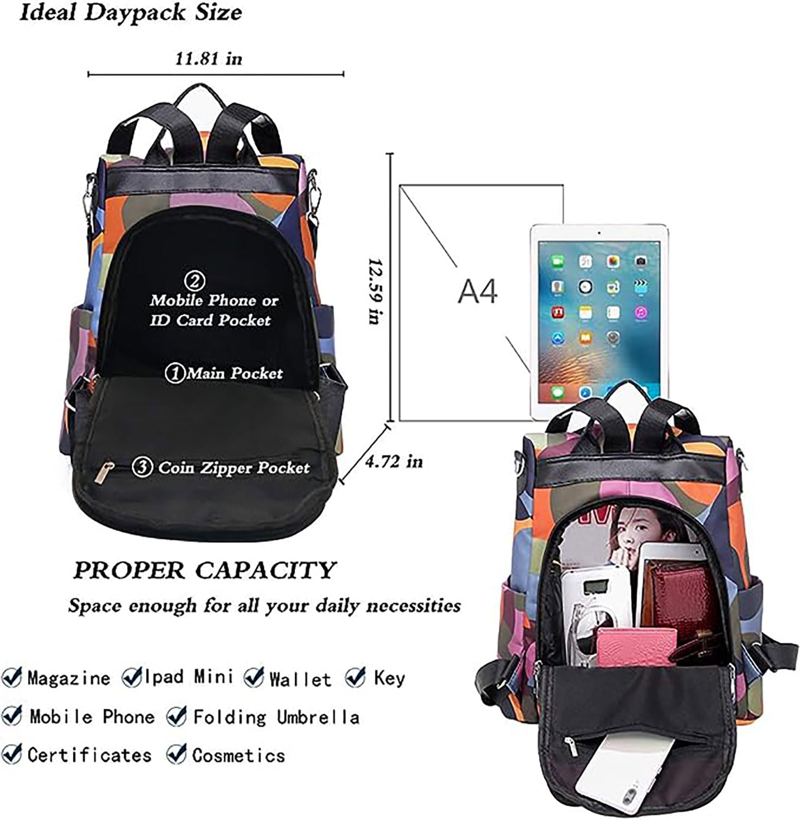 COFIHOME HAOOT Fashion Backpack for Women Waterproof Rucksack Daypack Anti-theft Shoulder Bag Handbag Casual Travel Bag Hiking Backpack Purse with Pom Pom Keychain