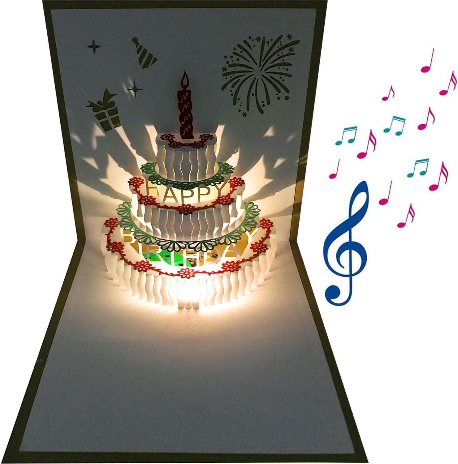 3D Birthday Cards, Auto Play Music Warm LED Light Birthday Cake Card, Greeting Cards Birthday Music Cards for Mom Wife Sister Boy Girl and Friends 1 Pack