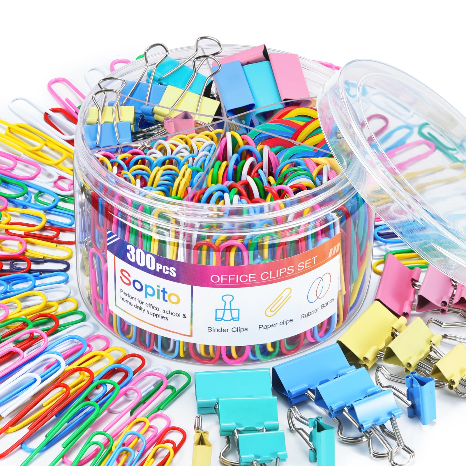 Binder Clips Paper Clips, Sopito 300pcs Colored Office Clips Set with Paper Clamps Paperclips Rubber Bands for Office and School Supplies, Assorted Sizes