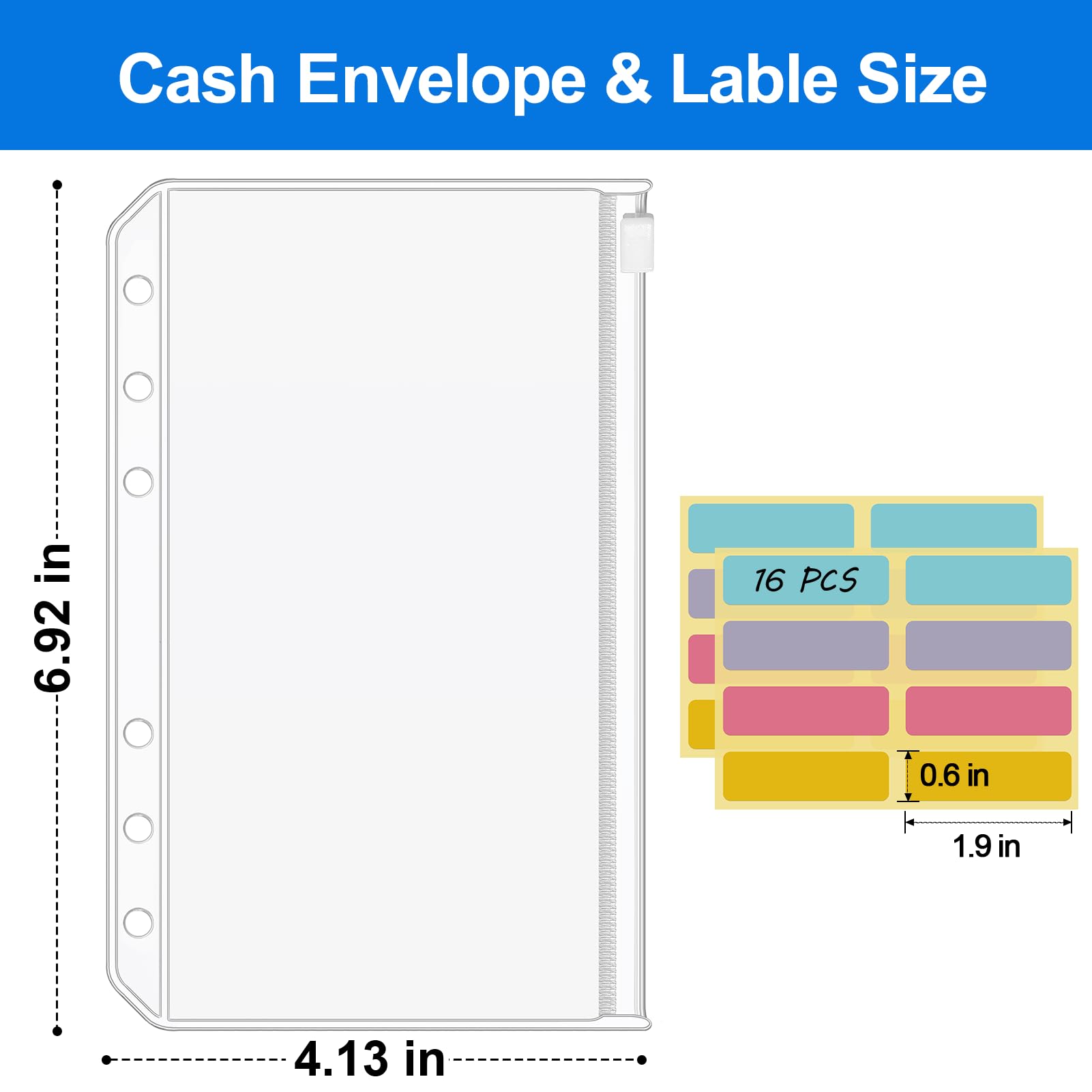 KTRIO 16PCS A6 Binder Pockets 6 Holes Budget Cash Envelopes Clear Zipper Folders for 6-Ring Budget Binder Notebook, Loose Leaf Bags, Waterproof PVC Document Pouch Organizers
