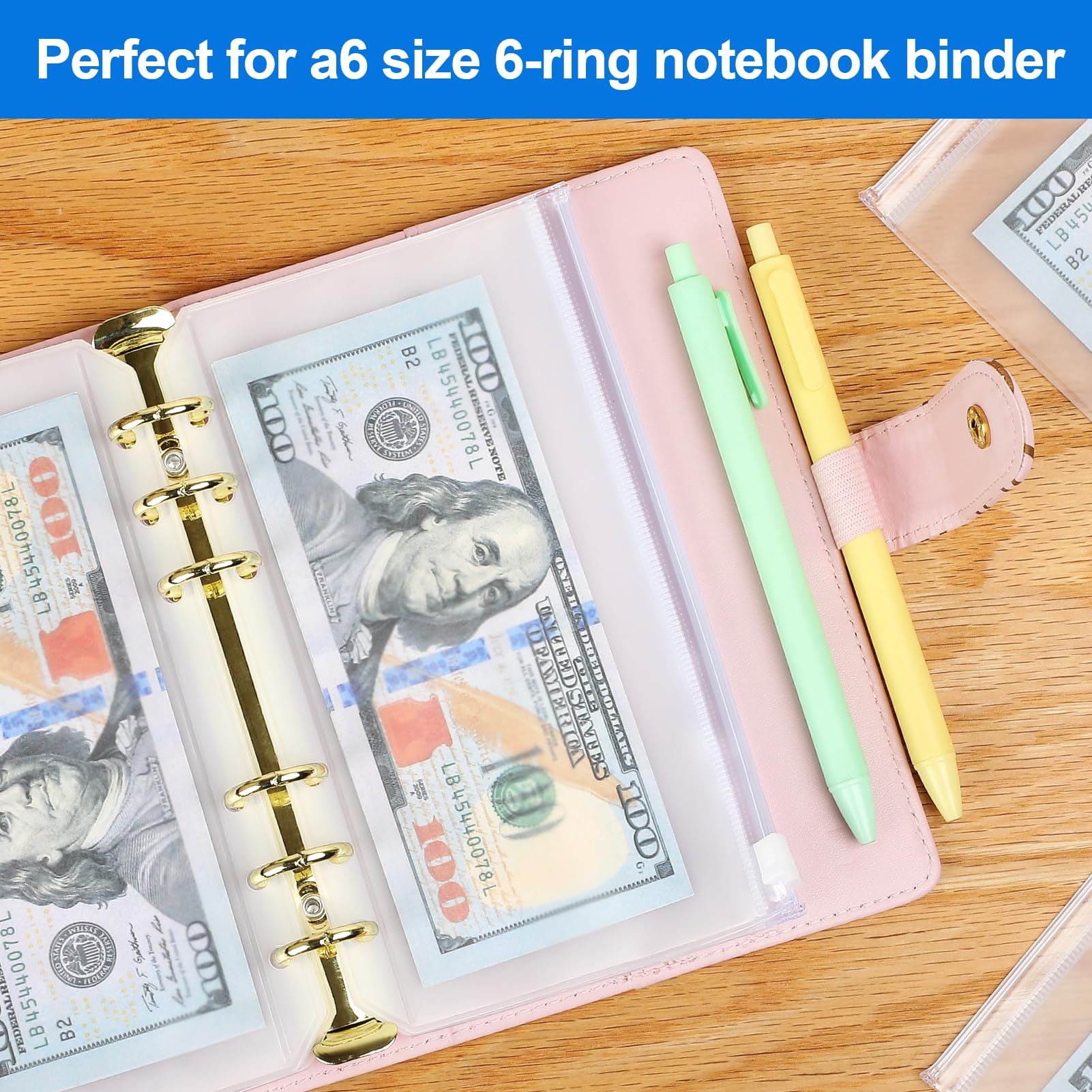 KTRIO 16PCS A6 Binder Pockets 6 Holes Budget Cash Envelopes Clear Zipper Folders for 6-Ring Budget Binder Notebook, Loose Leaf Bags, Waterproof PVC Document Pouch Organizers