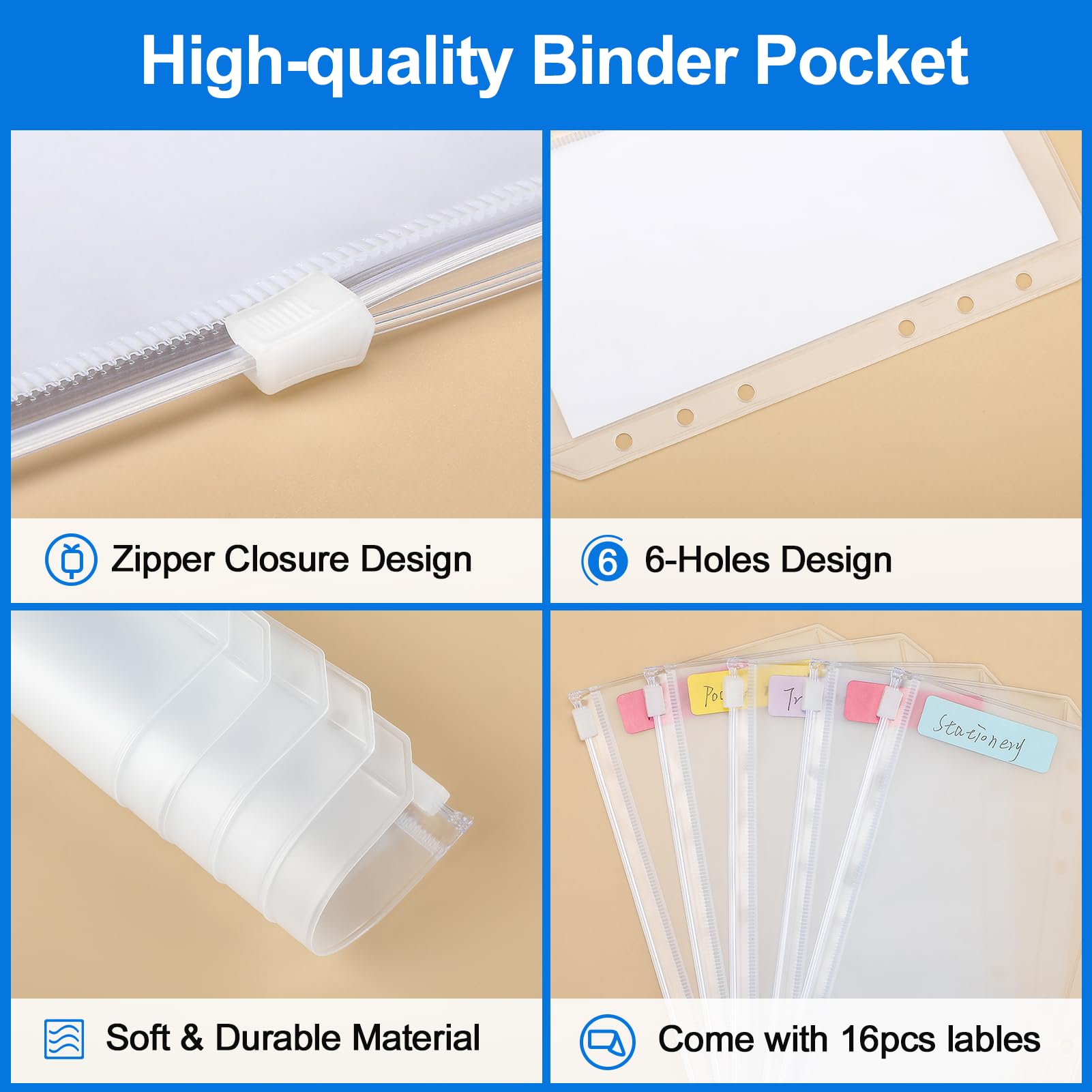 KTRIO 16PCS A6 Binder Pockets 6 Holes Budget Cash Envelopes Clear Zipper Folders for 6-Ring Budget Binder Notebook, Loose Leaf Bags, Waterproof PVC Document Pouch Organizers