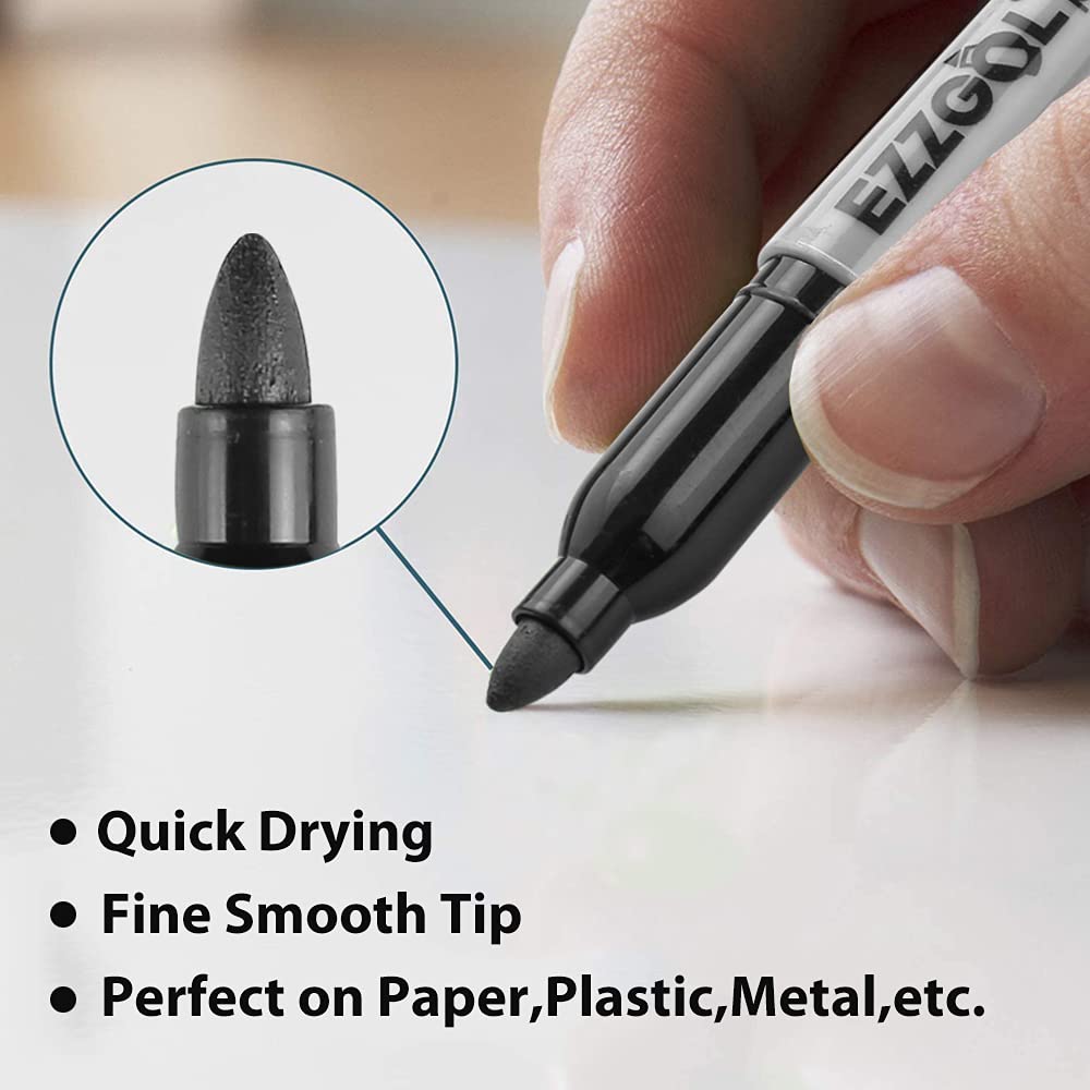 Permanent Markers Bulk, EZZGOL 72 Pack Black Permanent Marker Set, Fine Tip, Waterproof Markers, Premium Smear Proof Pens, Waterproof, Quick Drying, Office Supplies for School, Office, Home